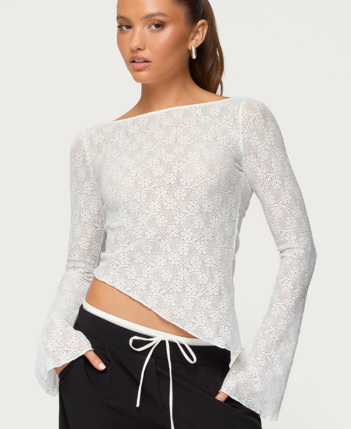 Click here for Edikted Womens Mare Asymmetric Gem Sheer Lace Top... prices