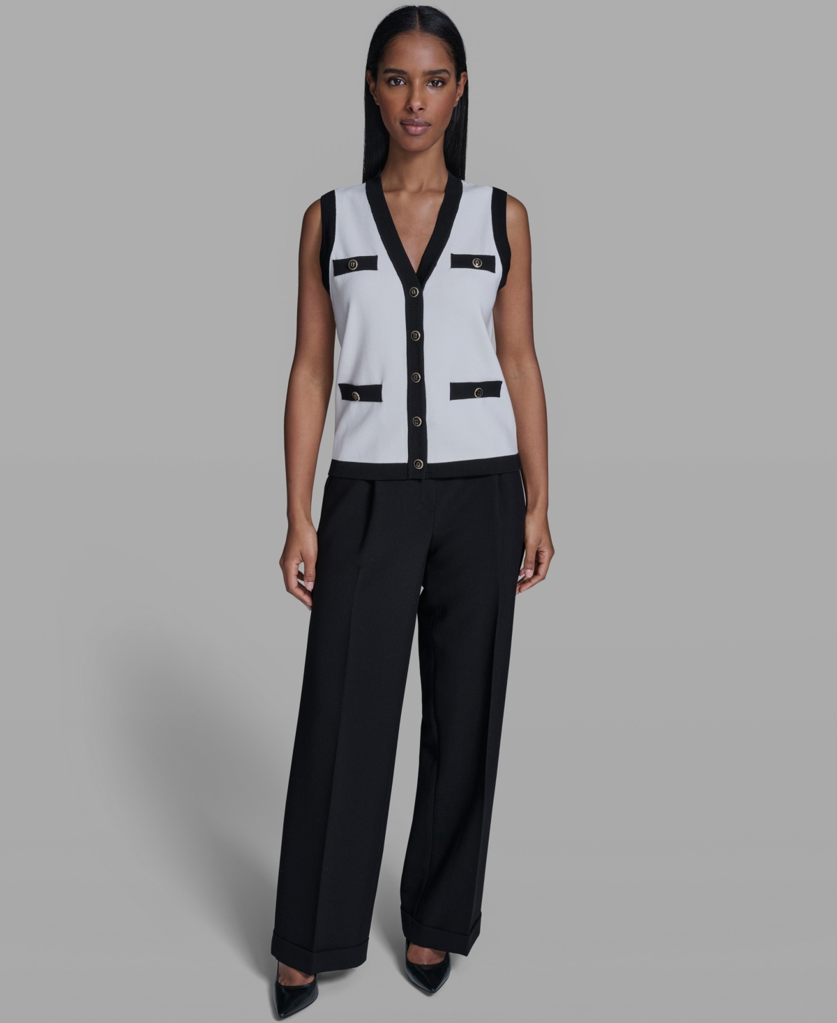 Click here for Karl Lagerfeld Paris Womens Button-Down V-Neck Swe... prices