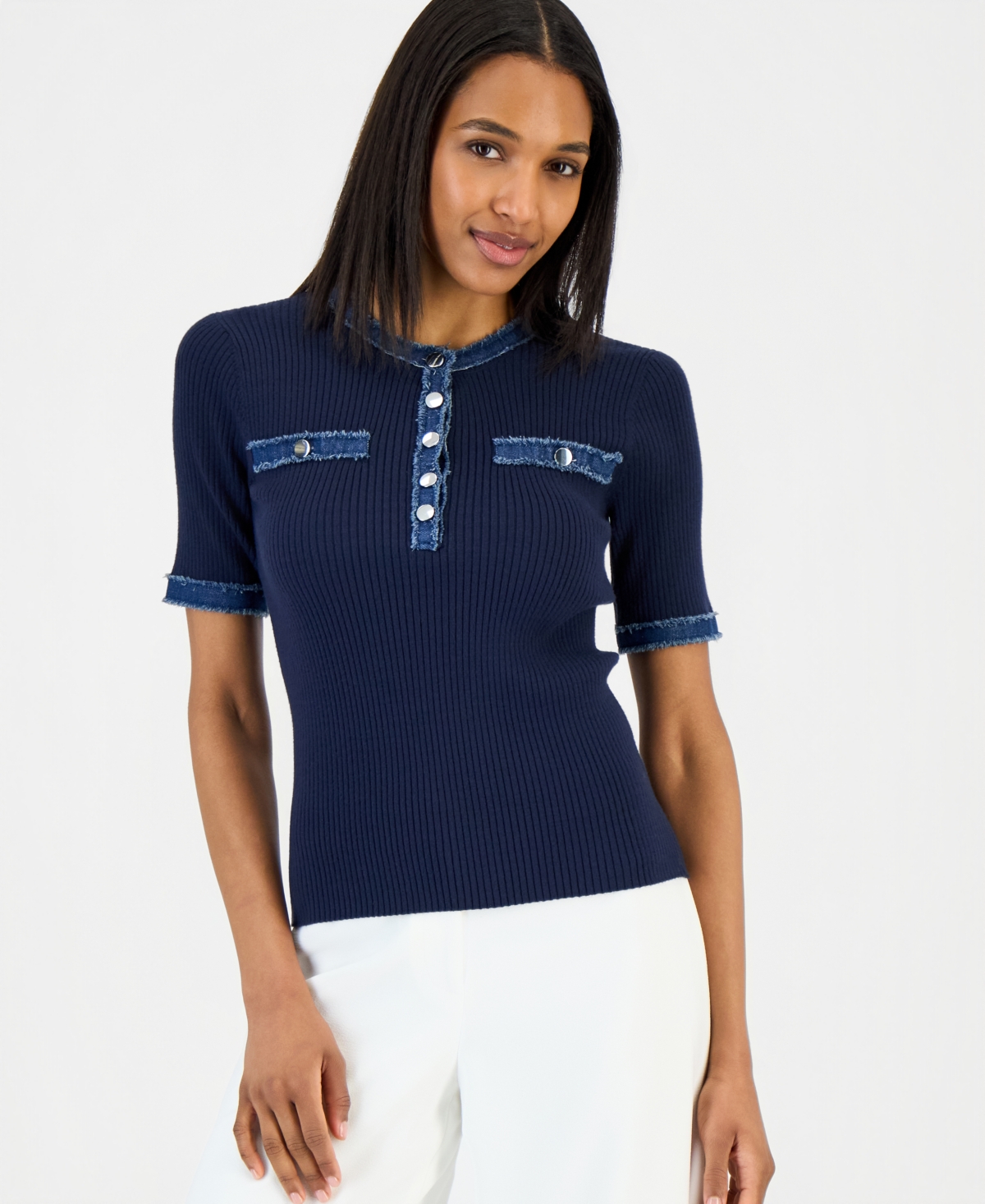 Click here for T Tahari Womens Denim-Trim Ribbed Short-Sleeve Top... prices