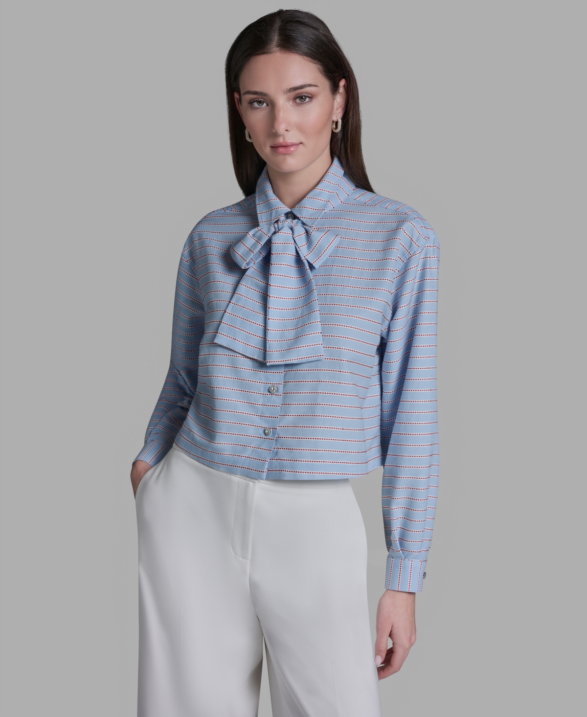 Click here for Bcbg Womens Tie-Neck Long-Sleeve Stripe Blouse - B... prices