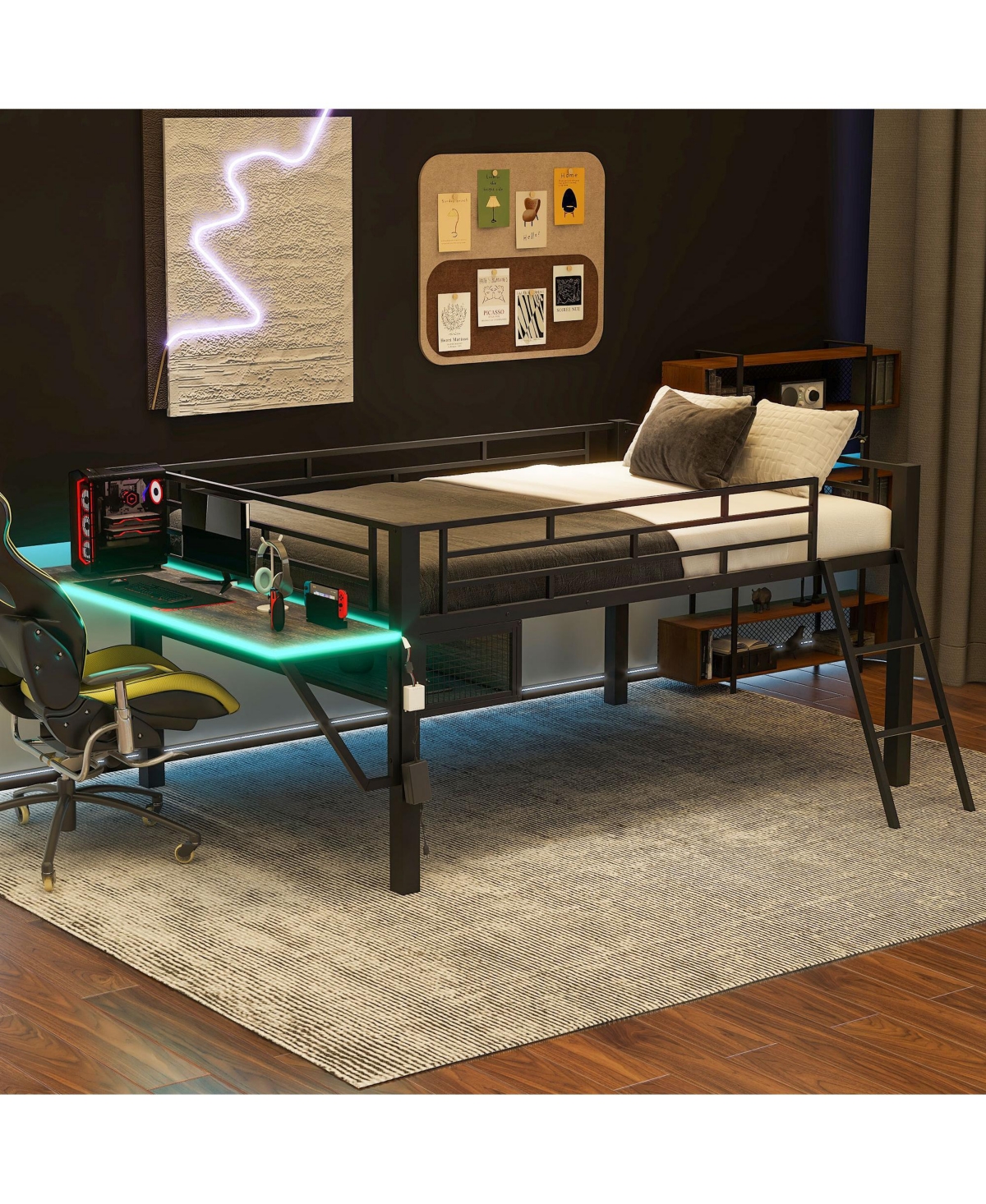 Click here for Flynama Metal Full Size Gaming Mid Loft Bed with B... prices