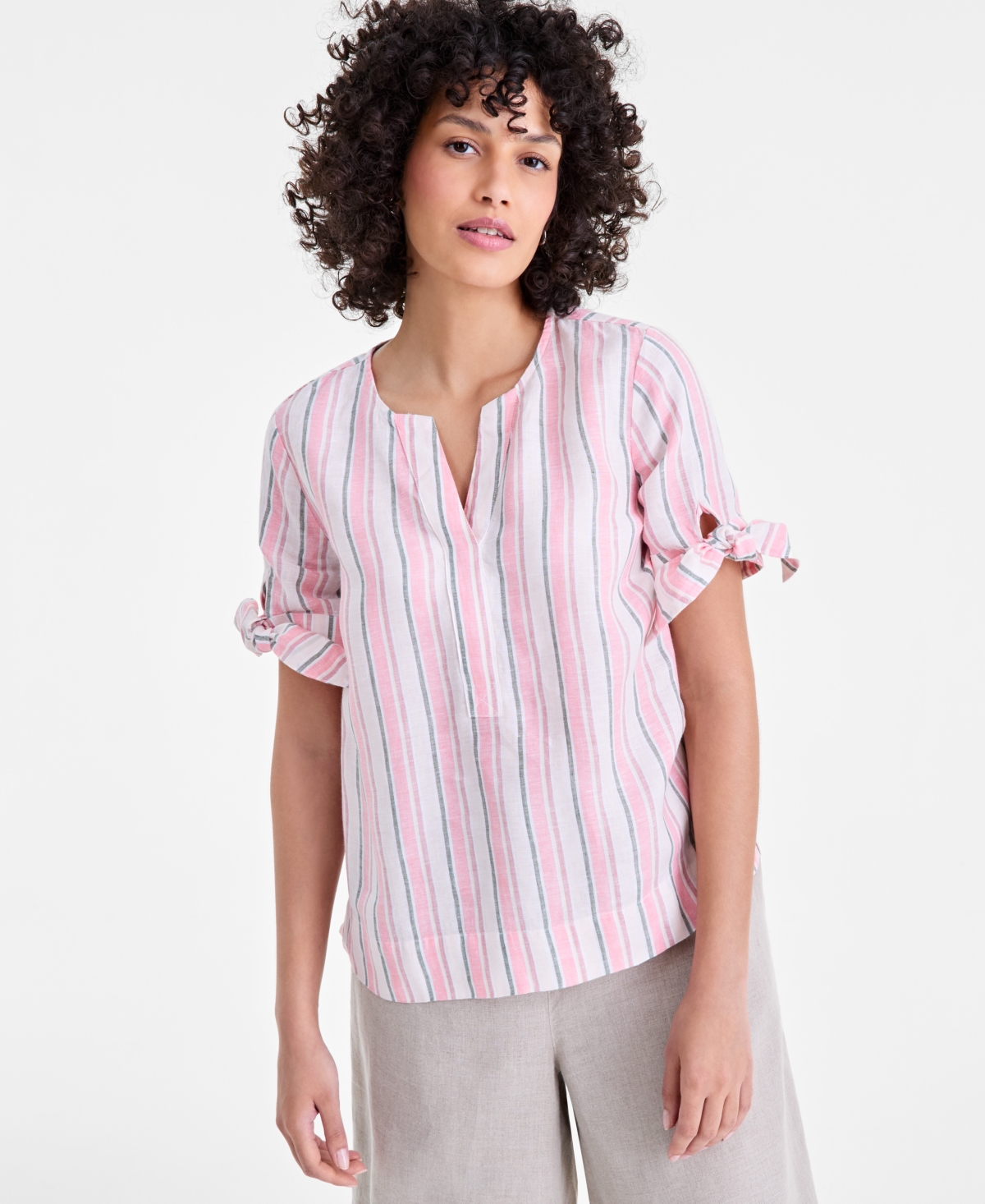 Click here for Charter Club Womens 100 Linen Split-Neck Tie-Cuff... prices