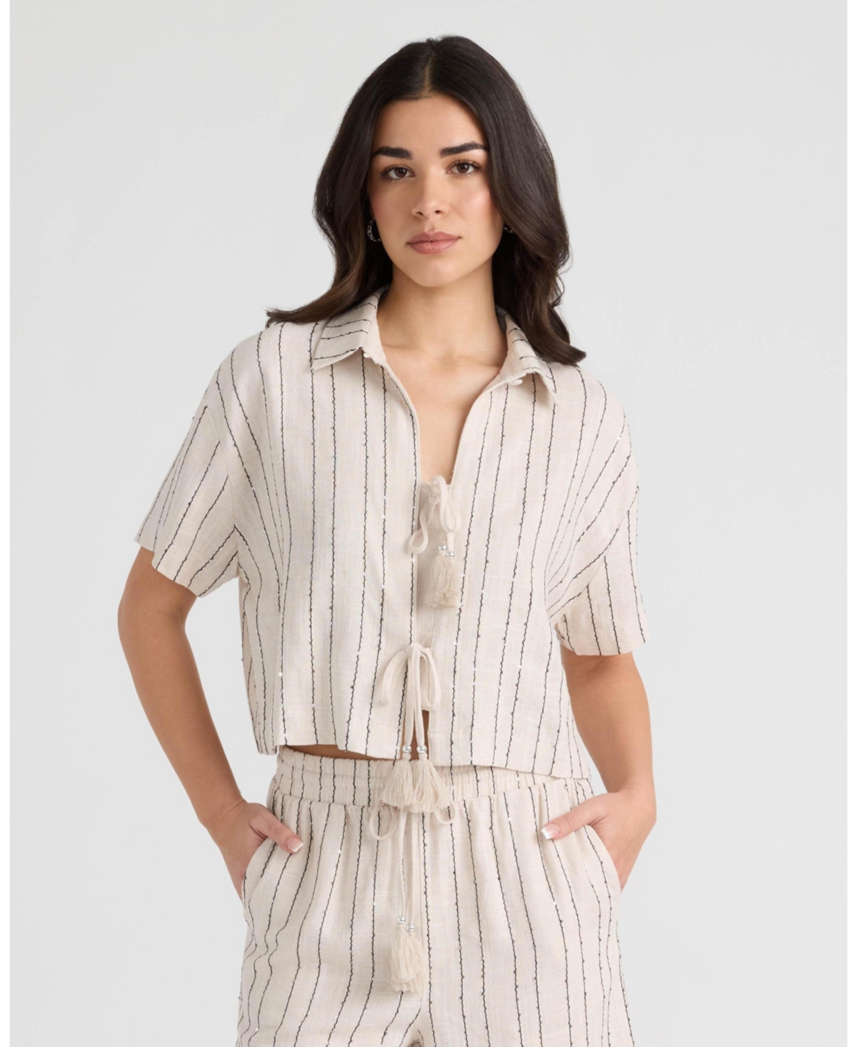 Click here for Nvlt Womens Tie Front Sequins Camp Shirt - Natural... prices