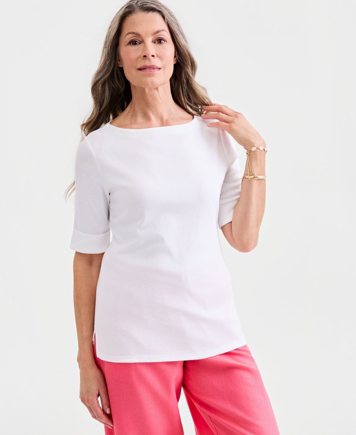 Click here for Style & Co Womens Boat-Neck Elbow Sleeve Cotton To... prices