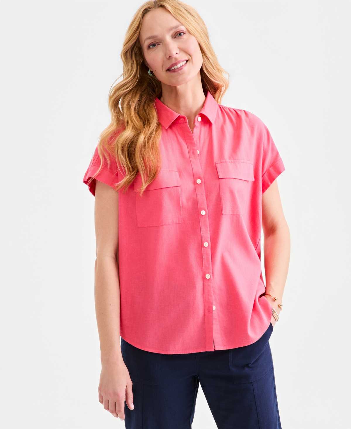 Click here for Style & Co Womens Linen Blend Short Sleeve Button-... prices