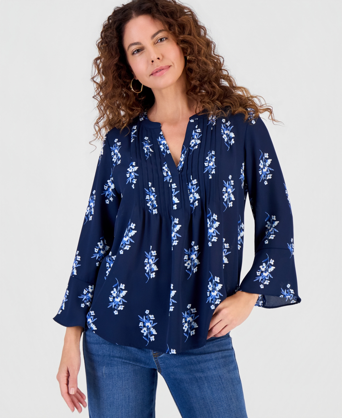 Click here for Style & Co Womens Printed Pintuck Ruffle Sleeve To... prices