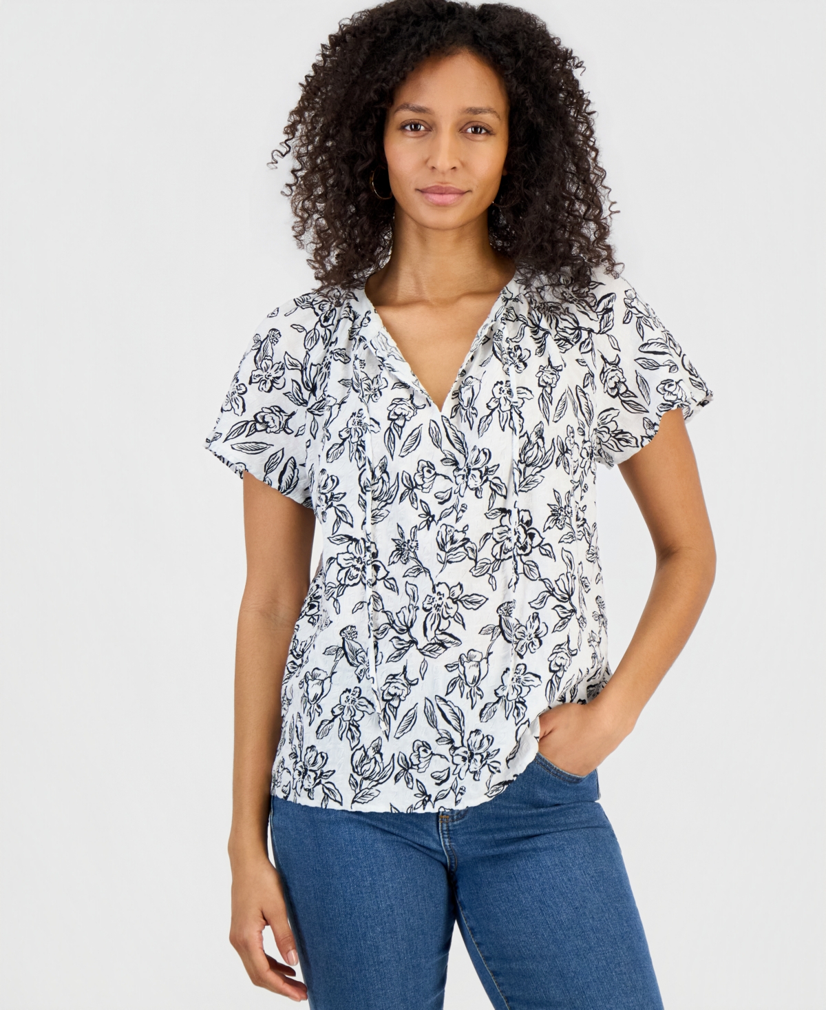 Click here for Style & Co Womens Seersucker Split-Neck Flutter Sl... prices