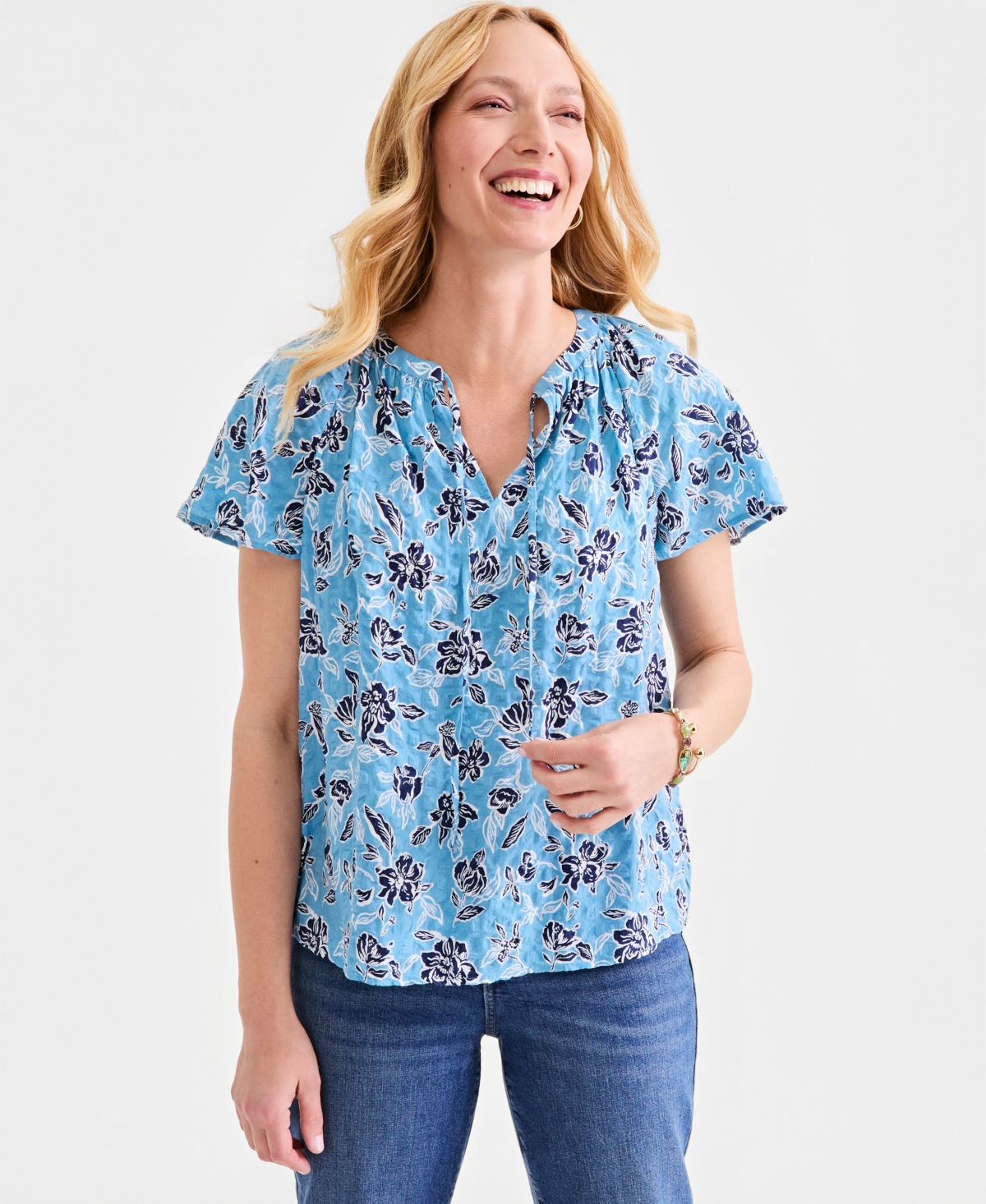 Click here for Style & Co Womens Seersucker Split-Neck Flutter Sl... prices