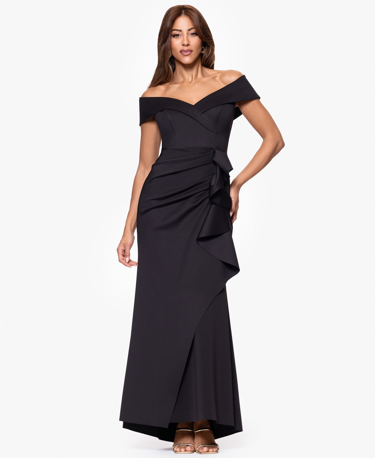 Click here for Xscape Scuba Off-The-Shoulder Gown - Black prices