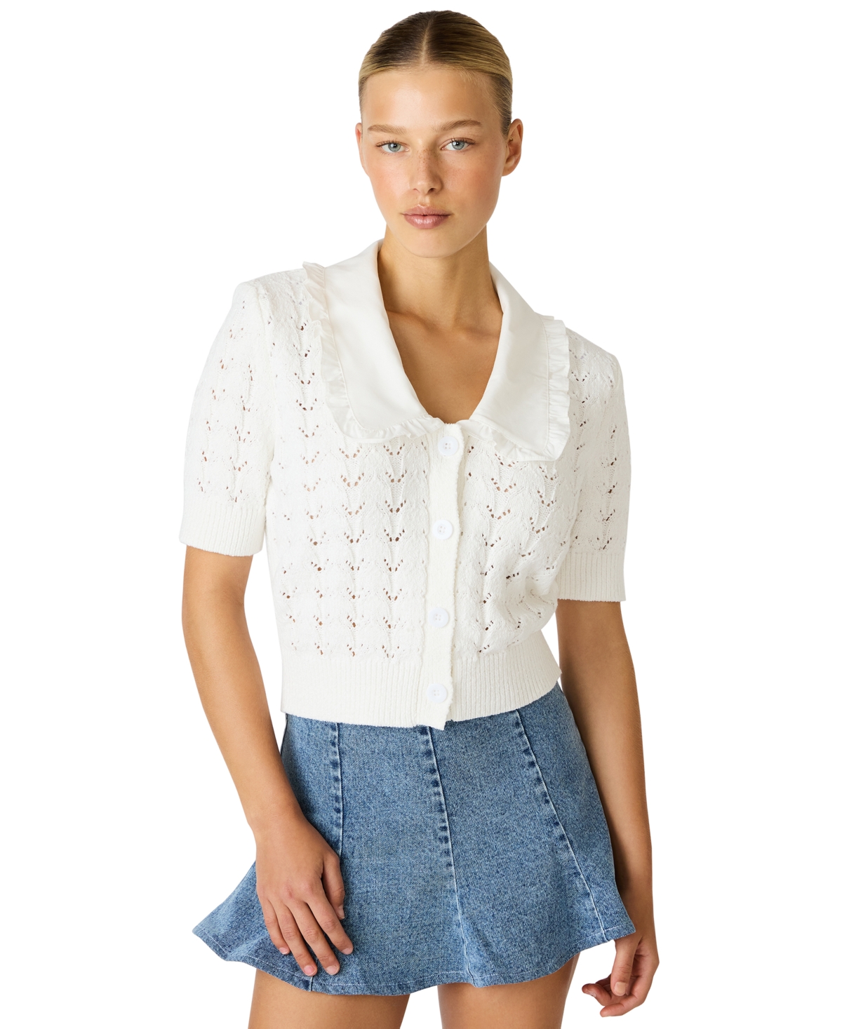 Click here for Steve Madden Womens Pointelle Ruffle Collared Card... prices