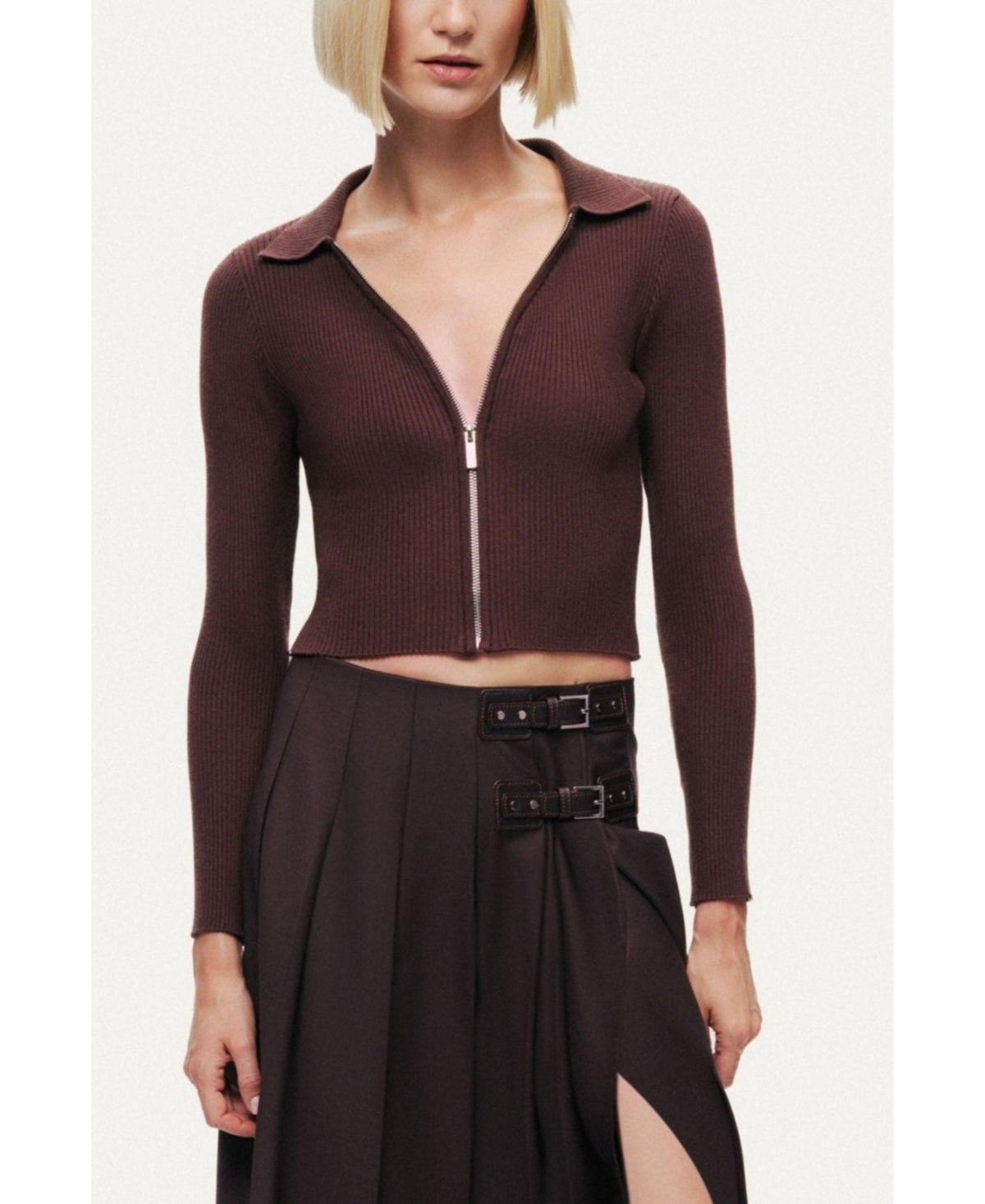 Click here for Nocturne Womens Zip-Front Ribbed Knit Top - Brown prices