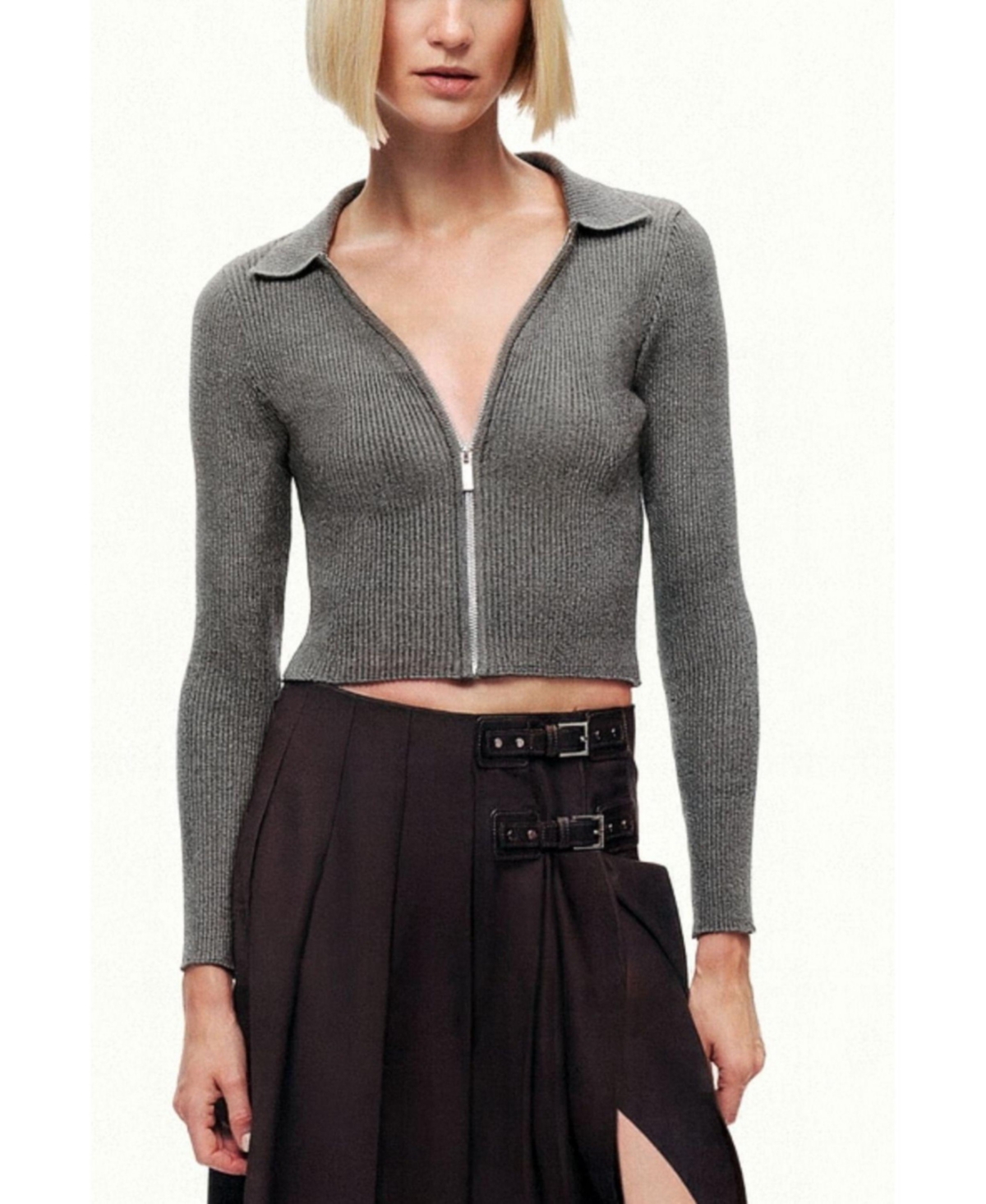 Click here for Nocturne Womens Zip-Front Ribbed Knit Top - Grey prices