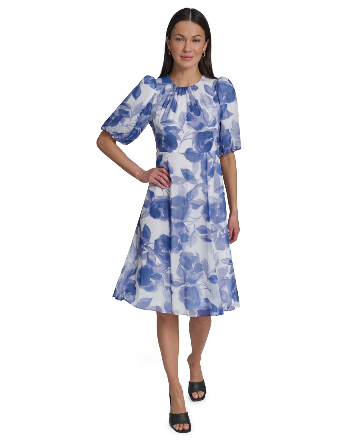 Click here for Calvin Klein Womens Floral Puff-Sleeve Crewneck Mi... prices