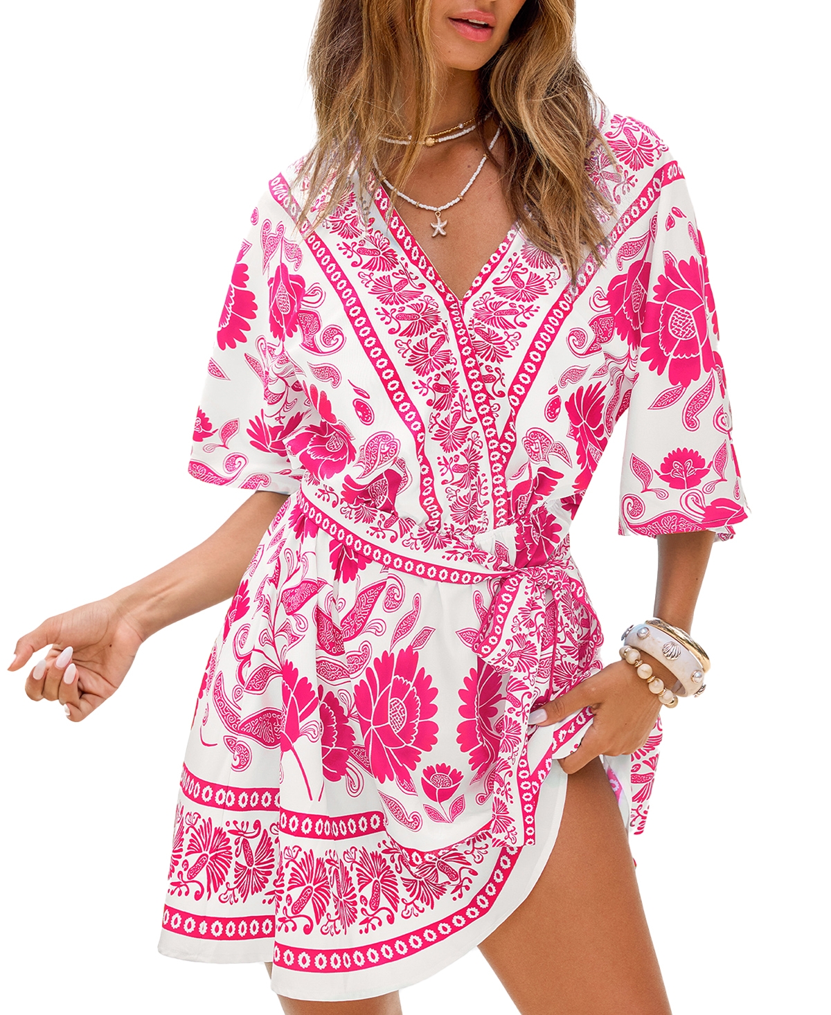 Click here for Cupshe Womens Clouded Floral Mini Beach Dress - Re... prices