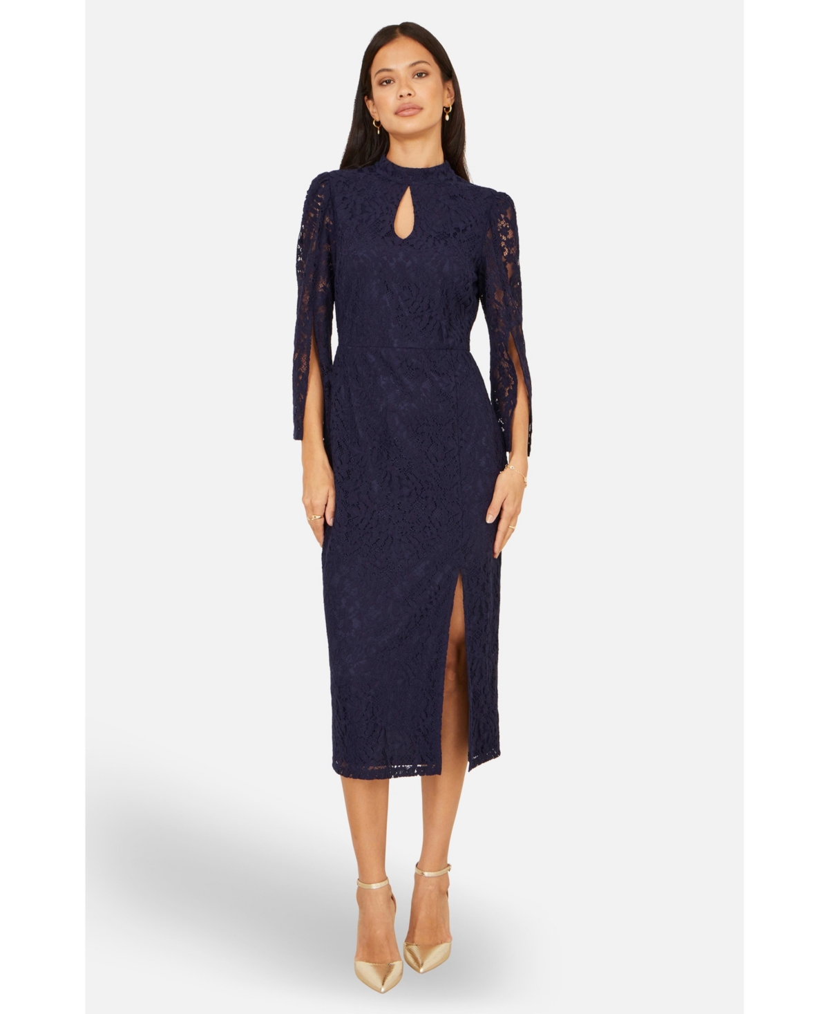Click here for Yumi Womens Lace Fitted Midi Dress - Navy prices