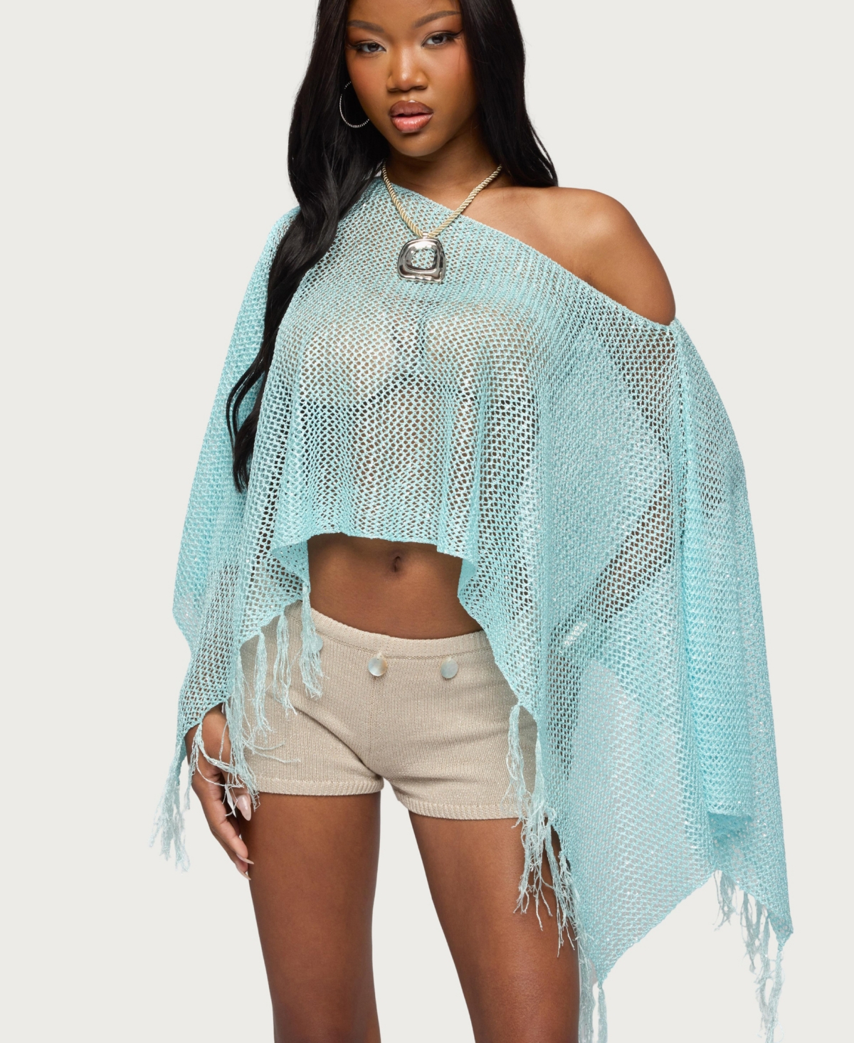 Click here for Edikted Womens Sequin Fringe Knit Poncho - Light-b... prices