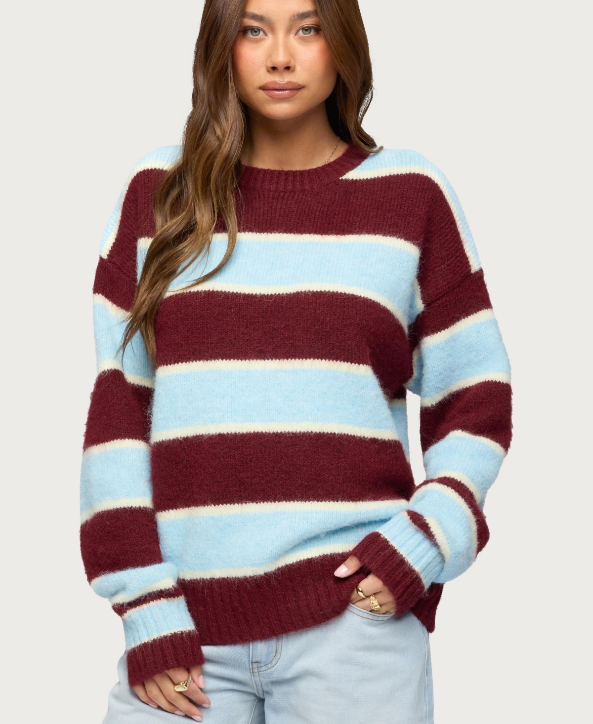 Click here for Edikted Womens Conrad Striped Knit Sweater - Burgu... prices