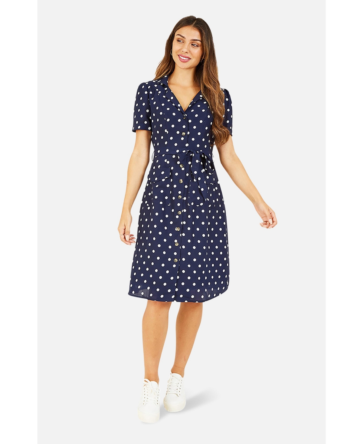Click here for Yumi Womens Retro Shirt Polka Dot Dress - Navy prices