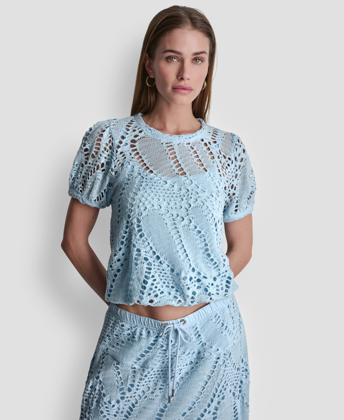 Click here for Dkny Womens Leaf Crochet Short-Sleeve Top - Light... prices