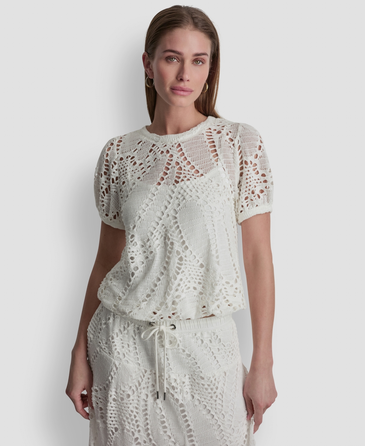 Click here for Dkny Womens Leaf Crochet Short-Sleeve Top - Ivory prices