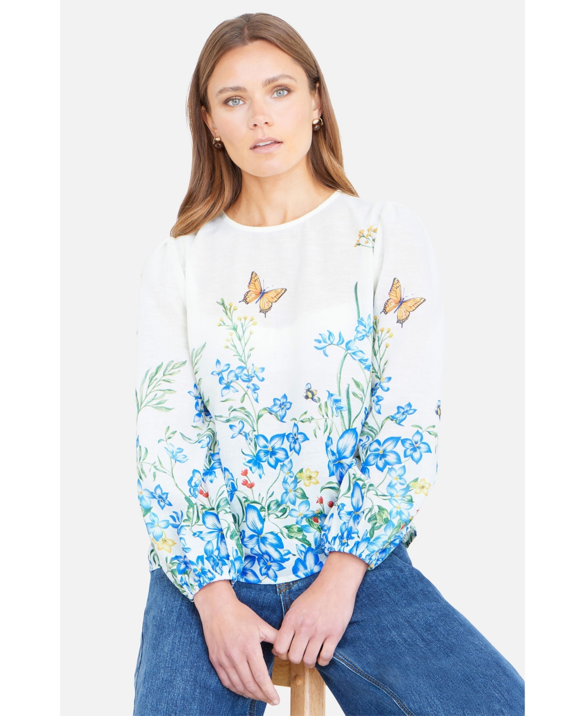 Click here for Yumi Womens Butterfly Print Long Sleeve Top - Ivor... prices