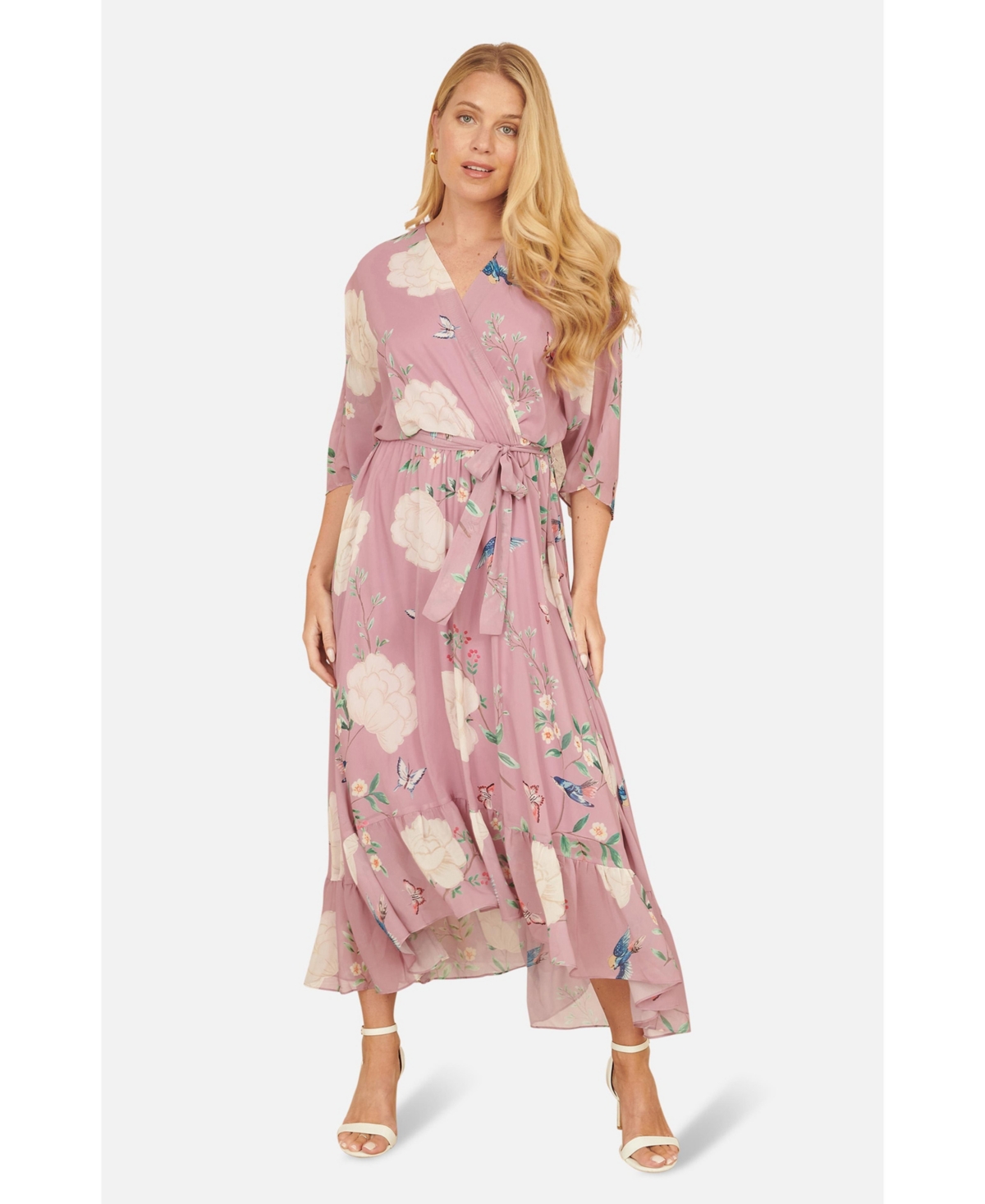 Click here for Yumi Womens Bird And Floral Print Midi Wrap Dress... prices