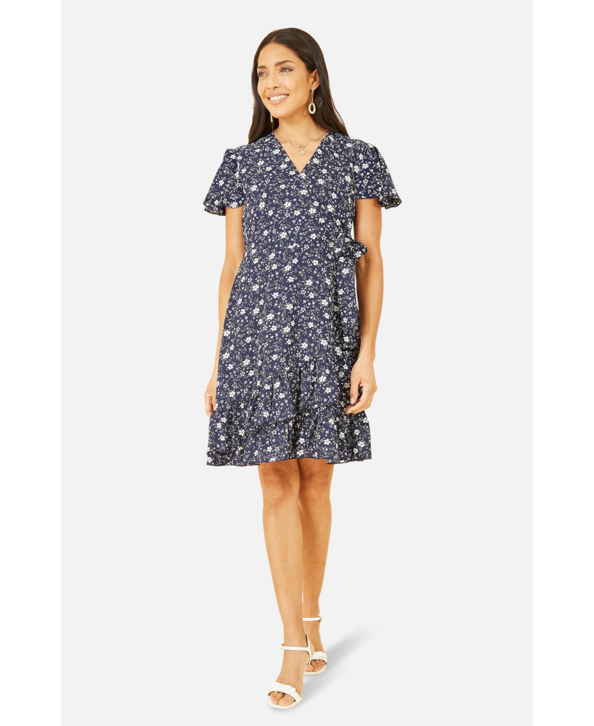 Click here for Yumi Womens Ditsy Floral Wrap Frill Dress - Navy prices