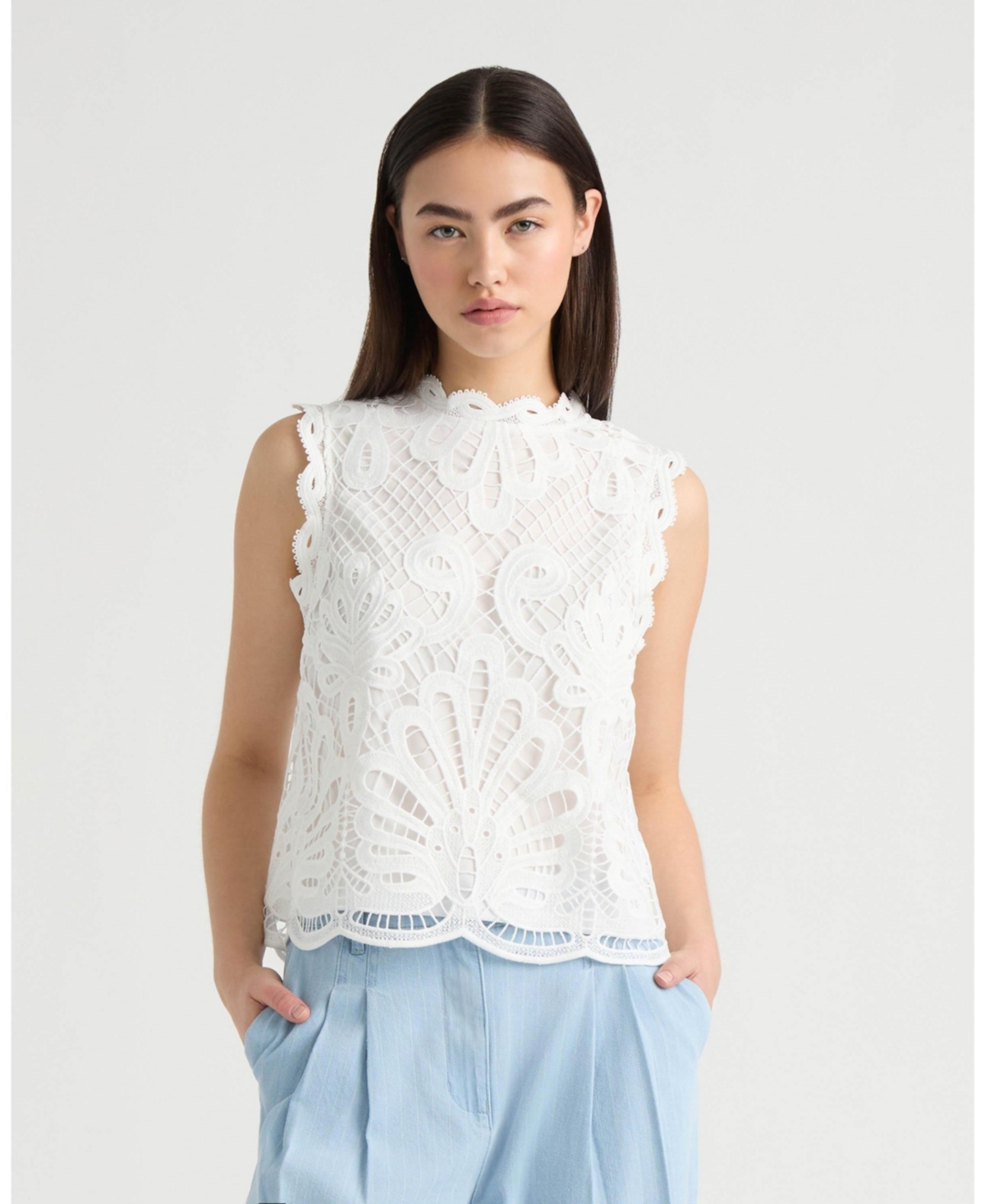 Click here for Nvlt Womens Sleeveless Mock Neck Lace Top - White prices