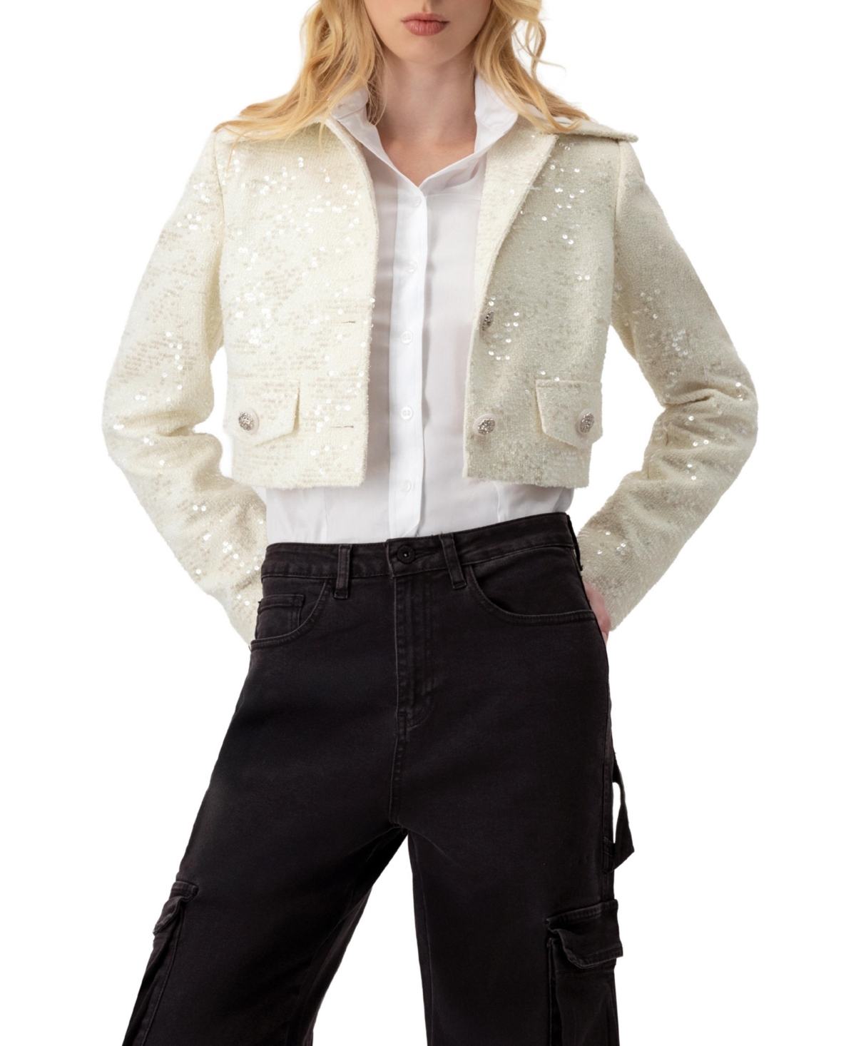 Click here for Ivonne Womens Short Sequin Jacket - Ivory prices