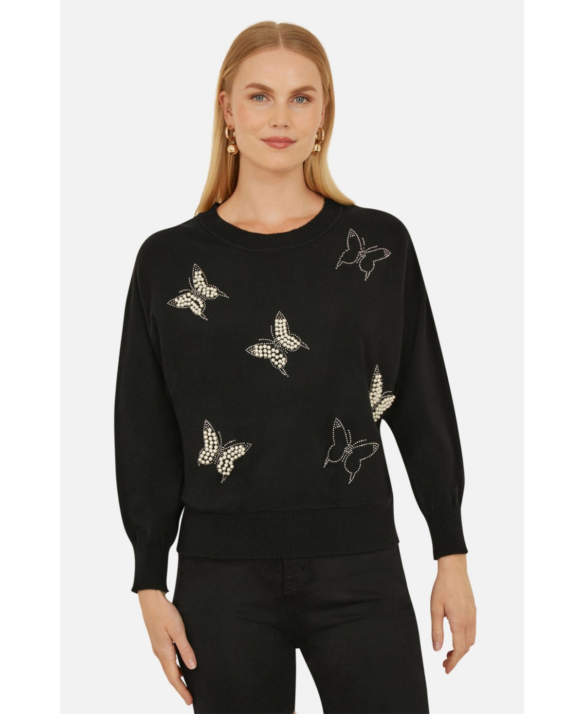 Click here for Yumi Womens Sequin Butterfly Jumper - Black prices