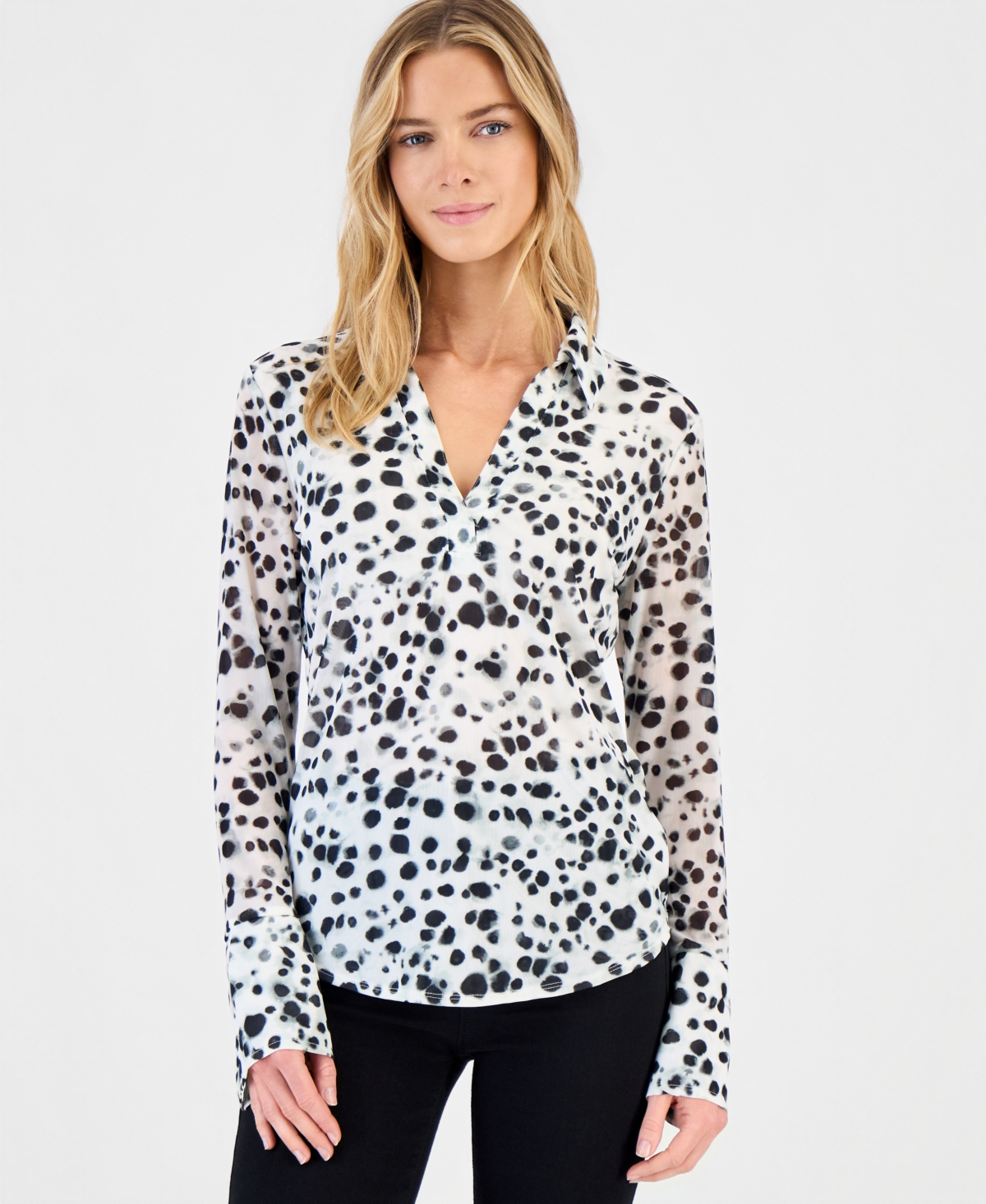 I.n.c. International Concepts Womens Long-Sleeve Printed Mesh Collared Top  Macys Exclusive - Oona Spots White