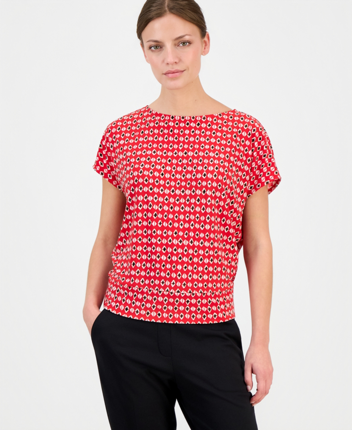 Click here for Anne Klein Essentials Petite Printed Boat-Neck Top... prices
