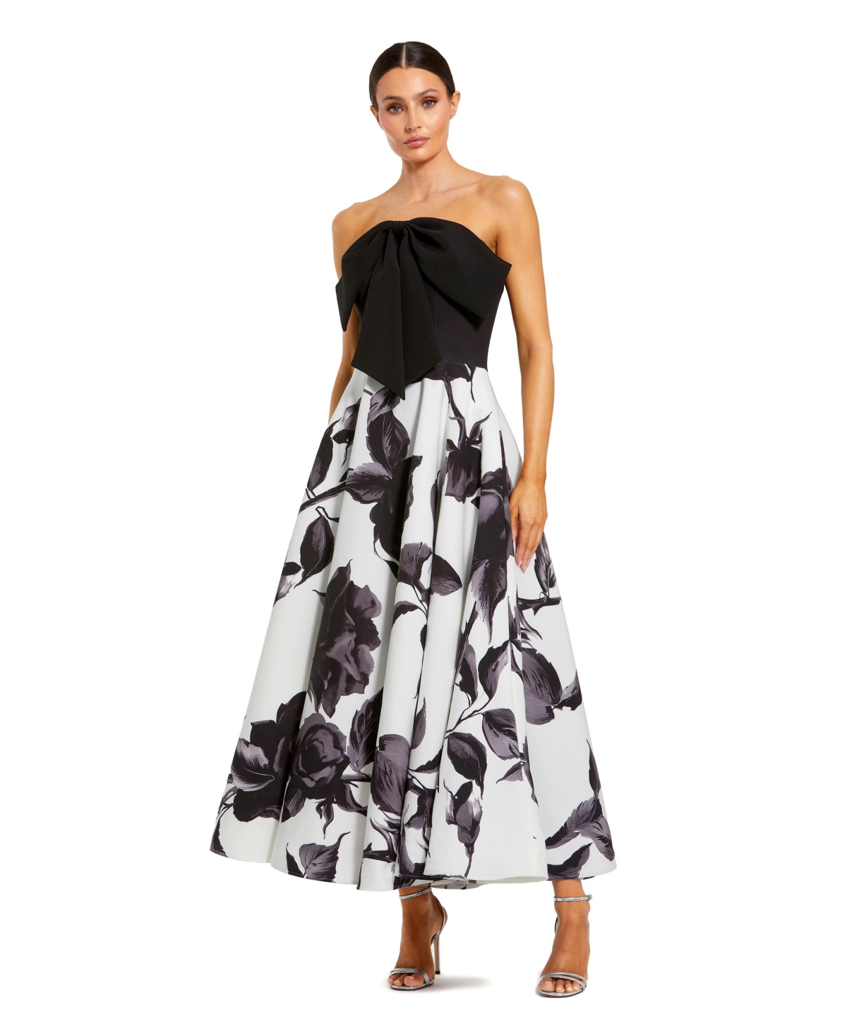 Click here for Mac Duggal Womens Crepe Printed Strapless Midi Dre... prices