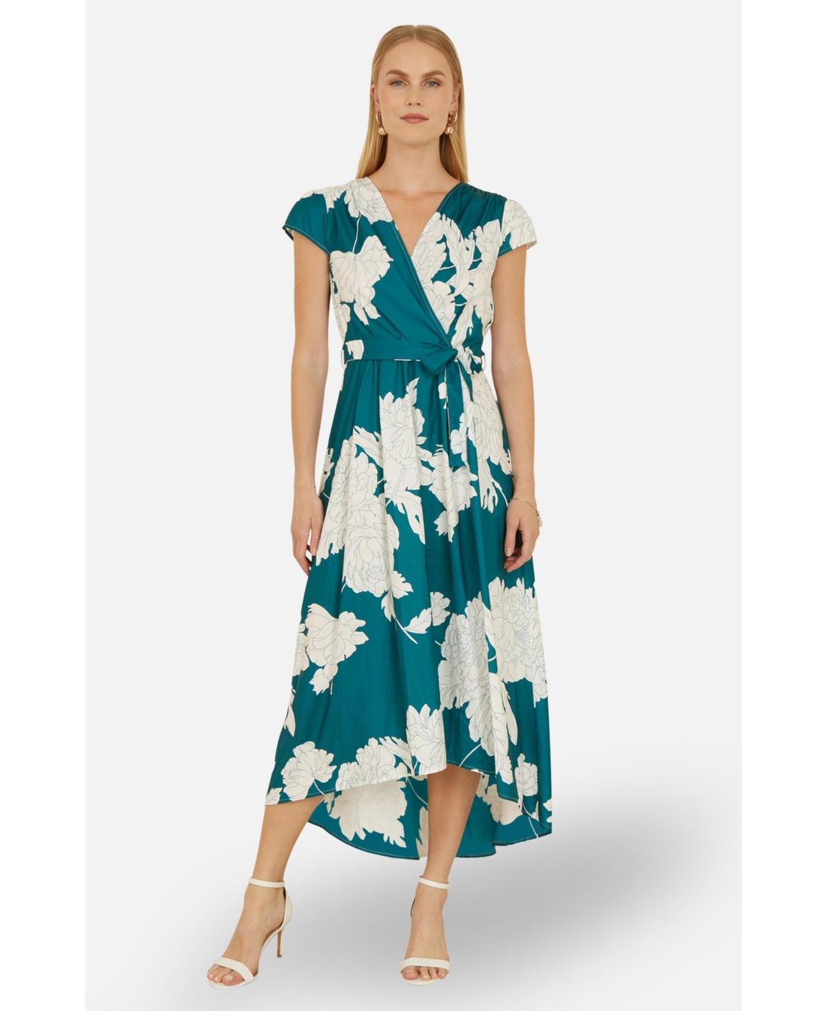 Click here for Yumi Womens Blossom Print Dipped Hem Wrap Midi Dre... prices