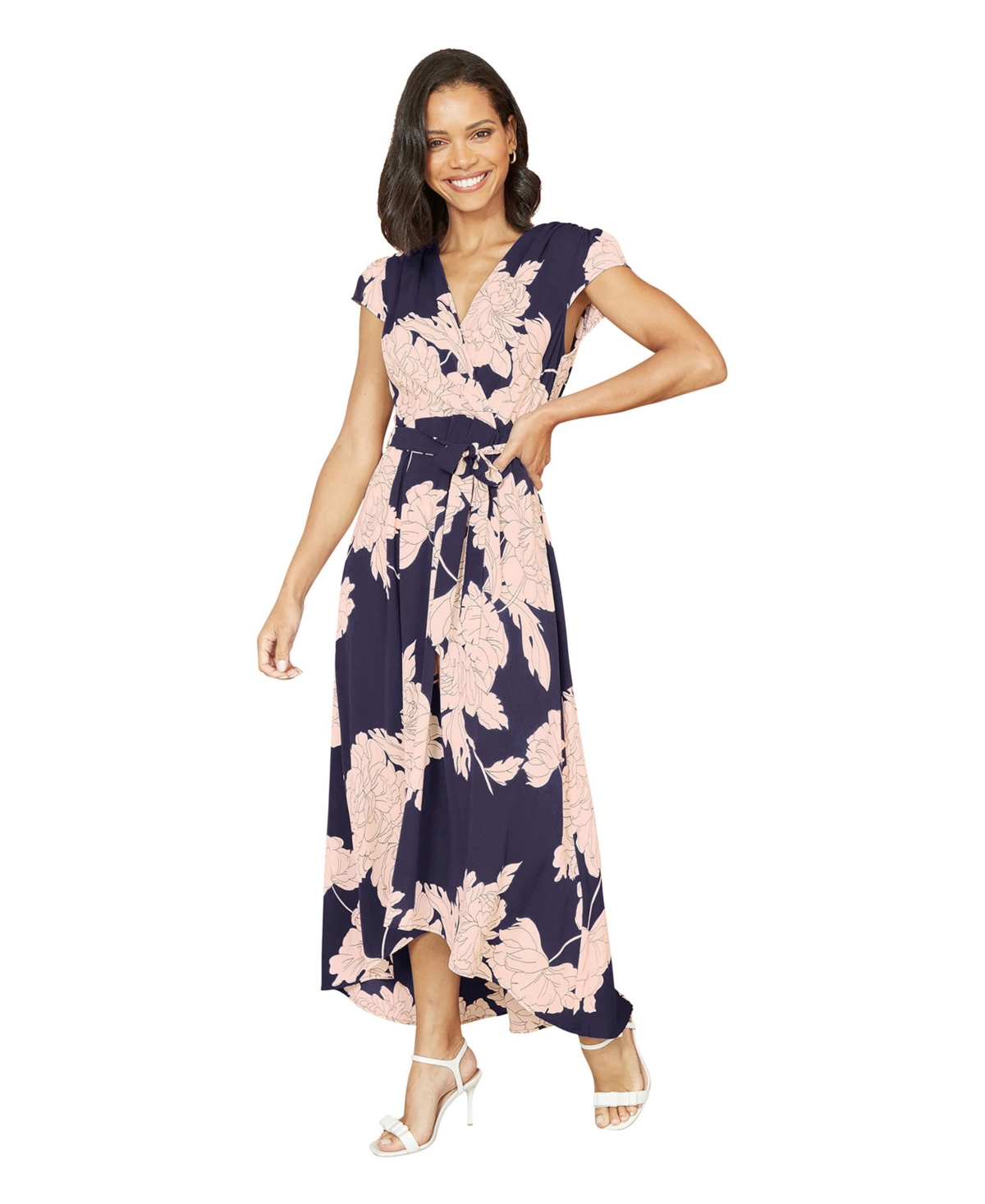 Click here for Yumi Womens Blossom Print Dipped Hem Wrap Midi Dre... prices