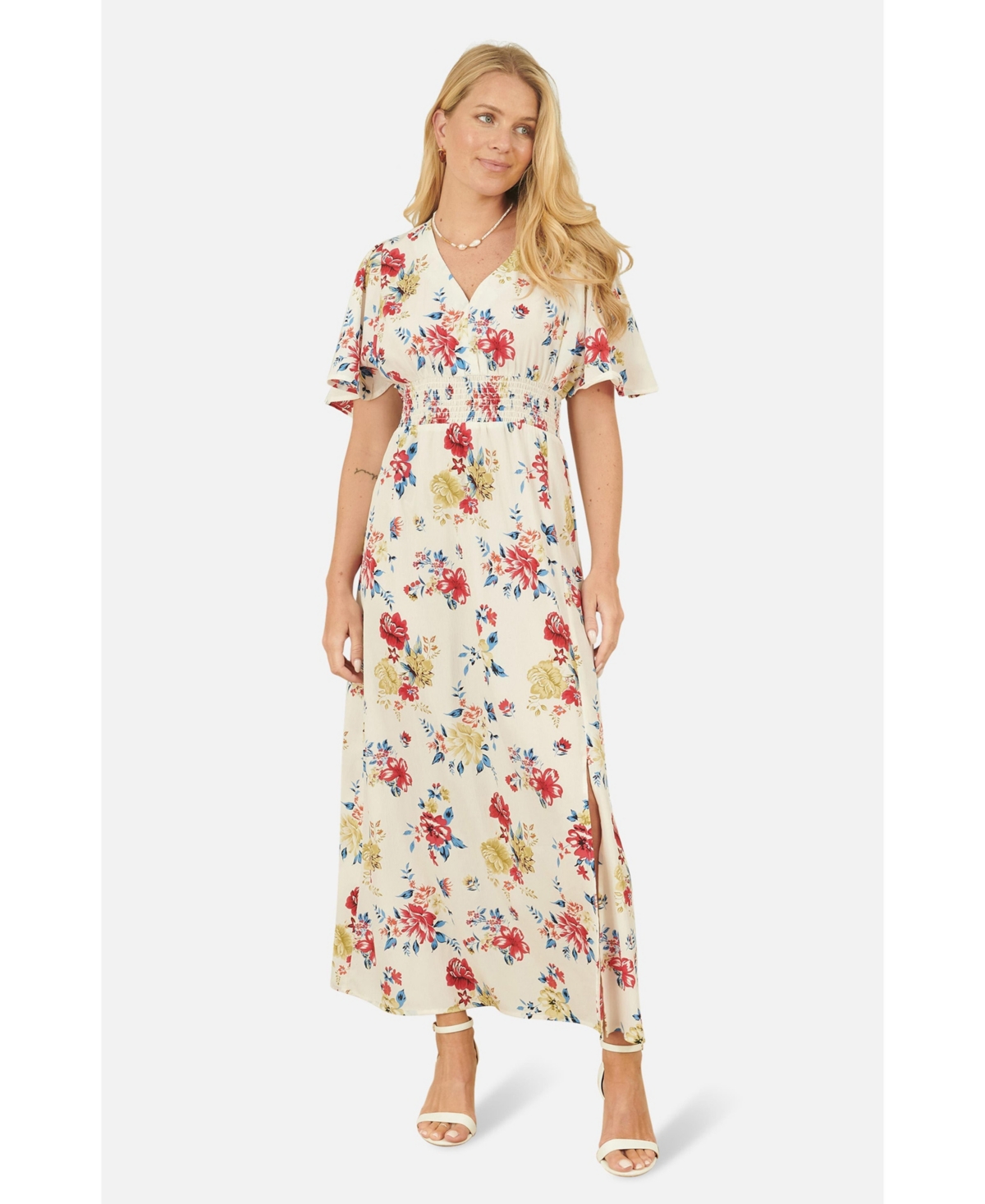 Click here for Yumi Womens Ruched Waist V-Neck Midi Dress - Ivory prices