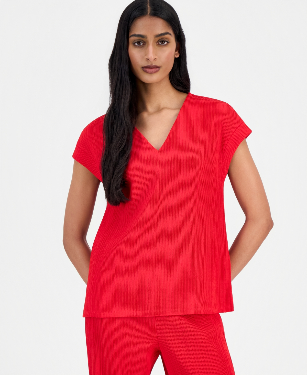 Click here for Anne Klein Womens Extended-Shoulder Textured V-Nec... prices