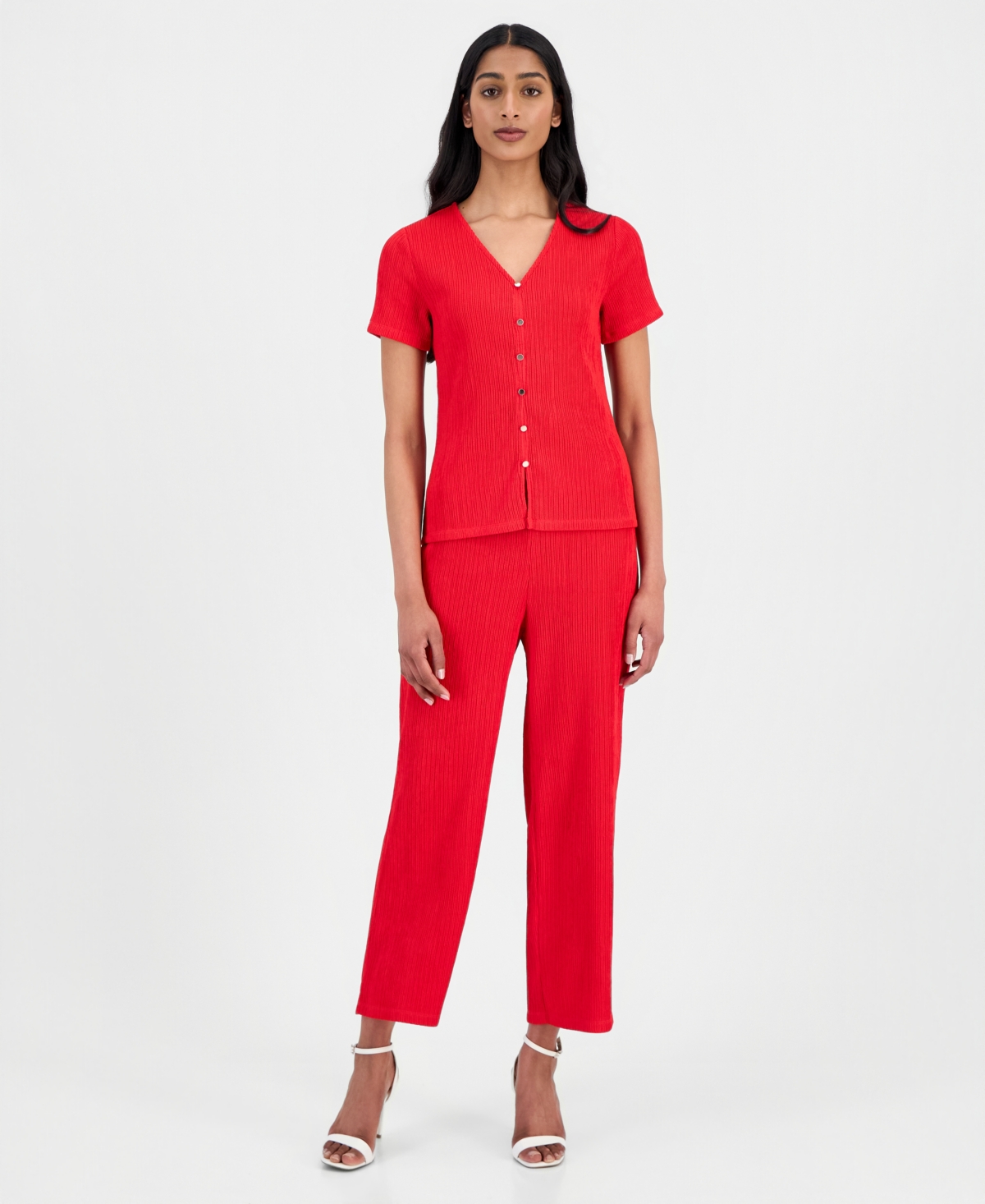 Click here for Anne Klein Womens Crinkle-Knit Pull-On Wide-Leg Pa... prices