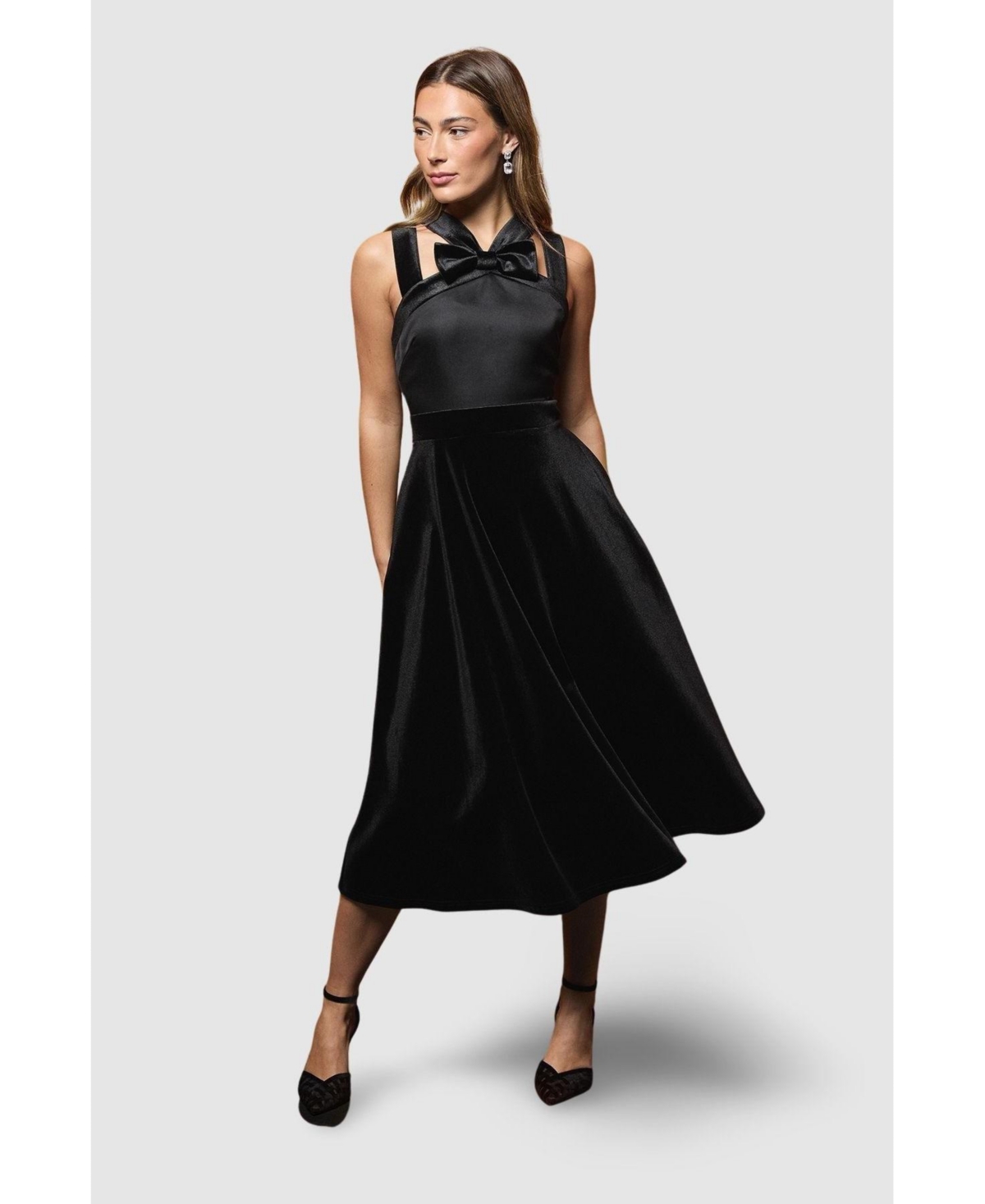 Click here for Coast Womens Cross Neck Bow Velvet Midi Dress - Bl... prices