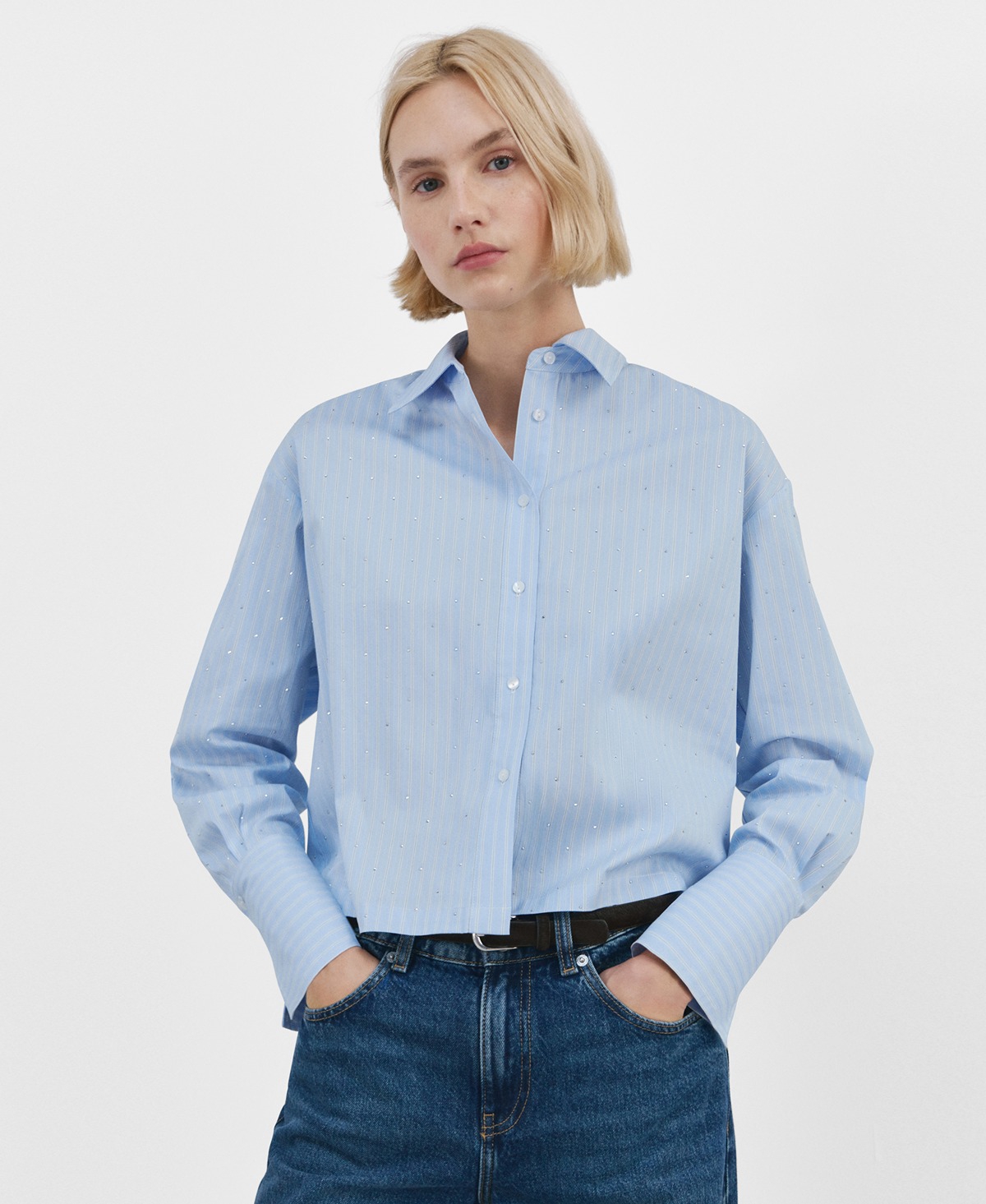 Click here for Mango Womens Strass Striped Crop Top - Sky Blue prices