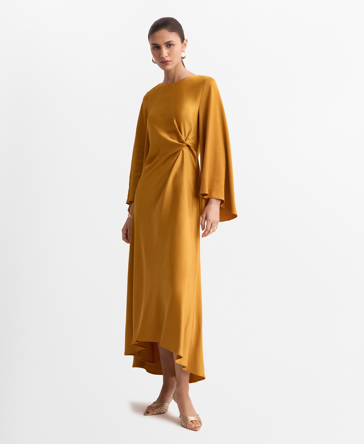 Click here for Mango Womens Ruched Satin Dress - Ochre prices