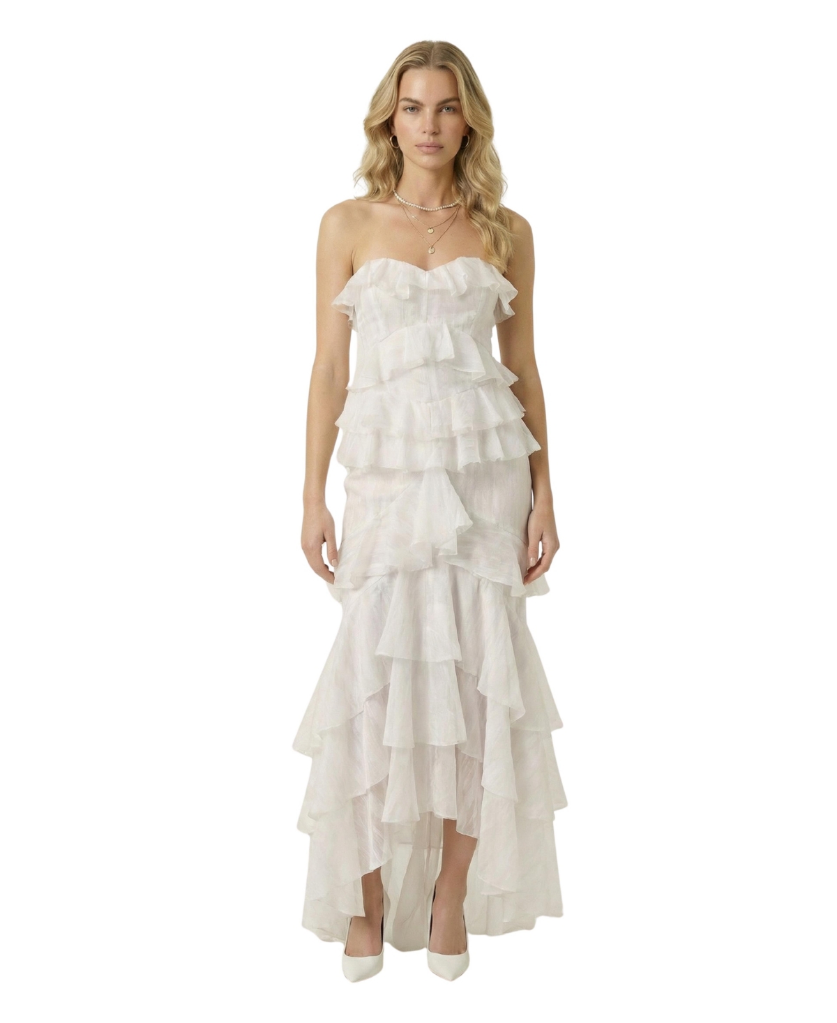 Click here for Modenaire Womens Strapless Raw Edge Tiered Ruffle... prices