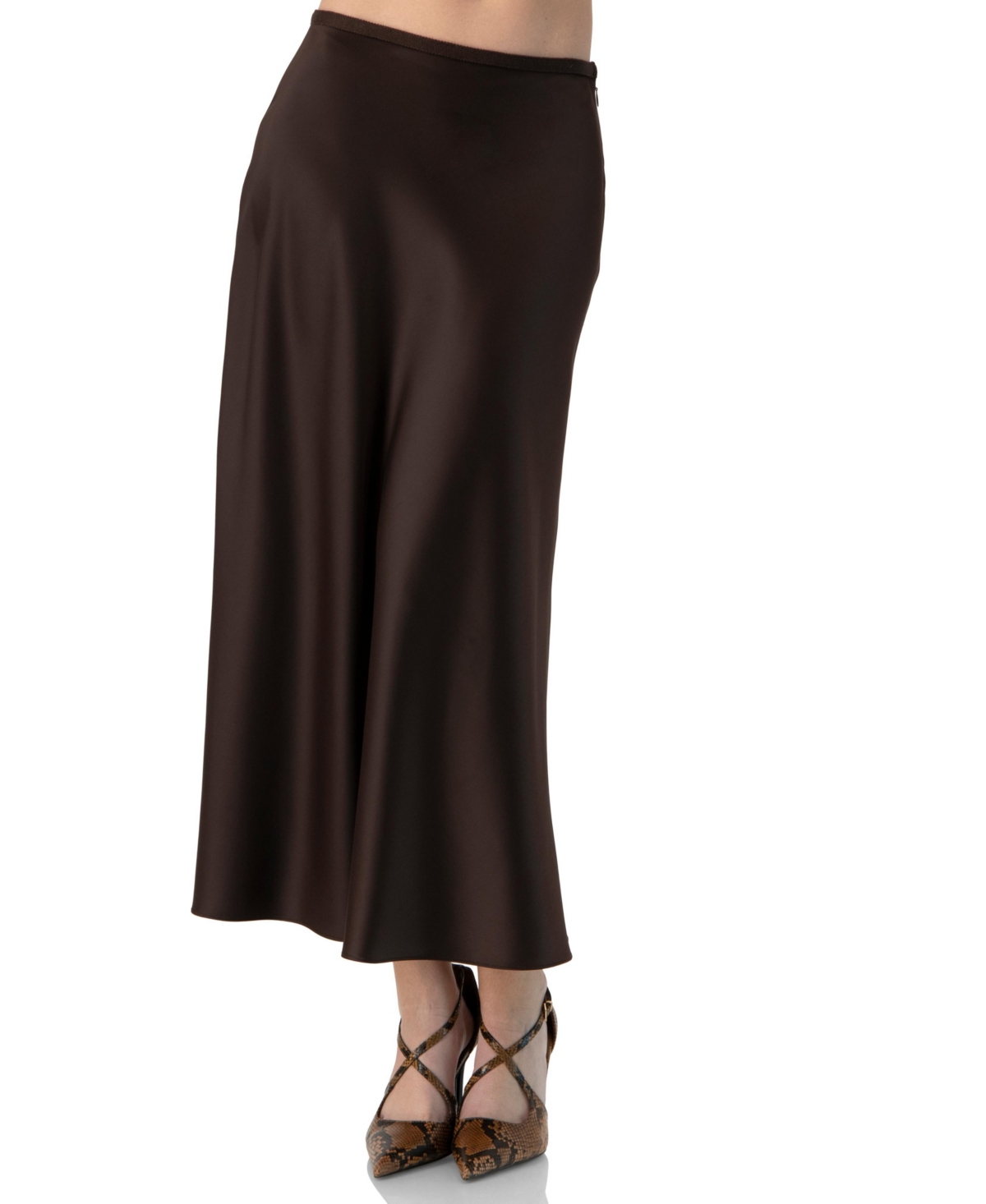 Click here for Ivonne Womens Solid Satin Midi Skirt - Brown prices
