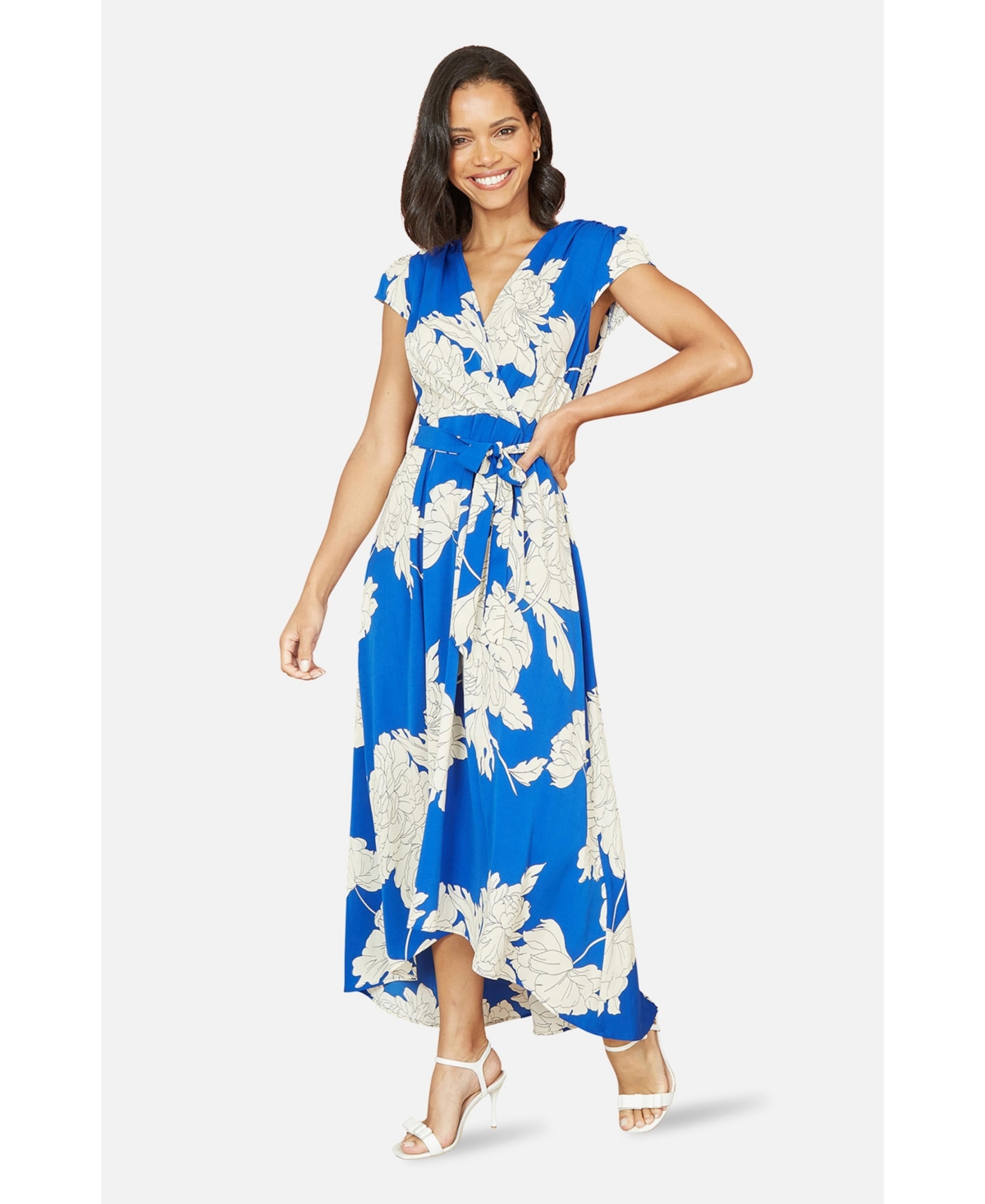 Click here for Yumi Womens Blossom Print Dipped Hem Wrap Midi Dre... prices