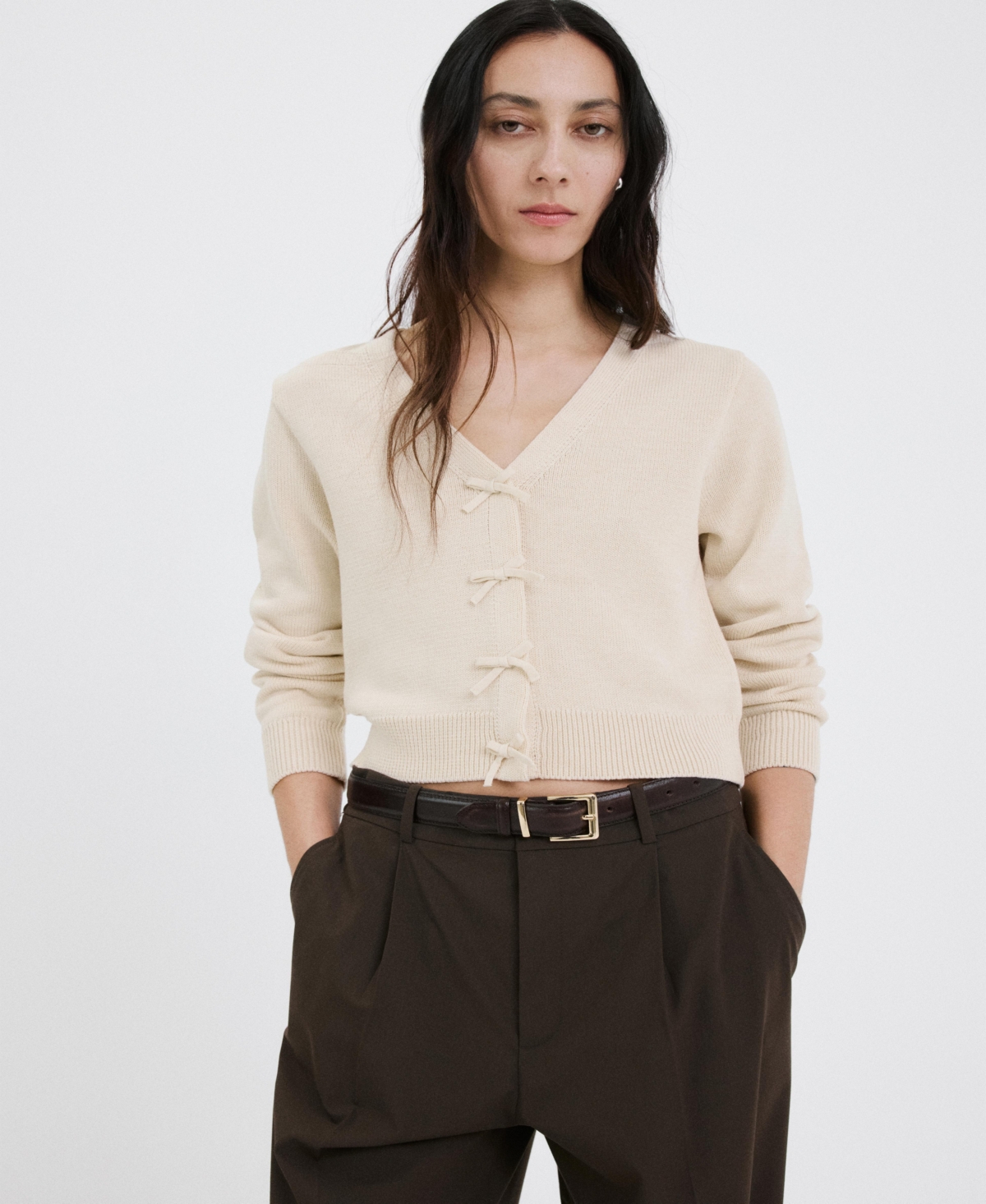 Click here for Mango Womens Ties Knitted Cardigan - Ecru prices