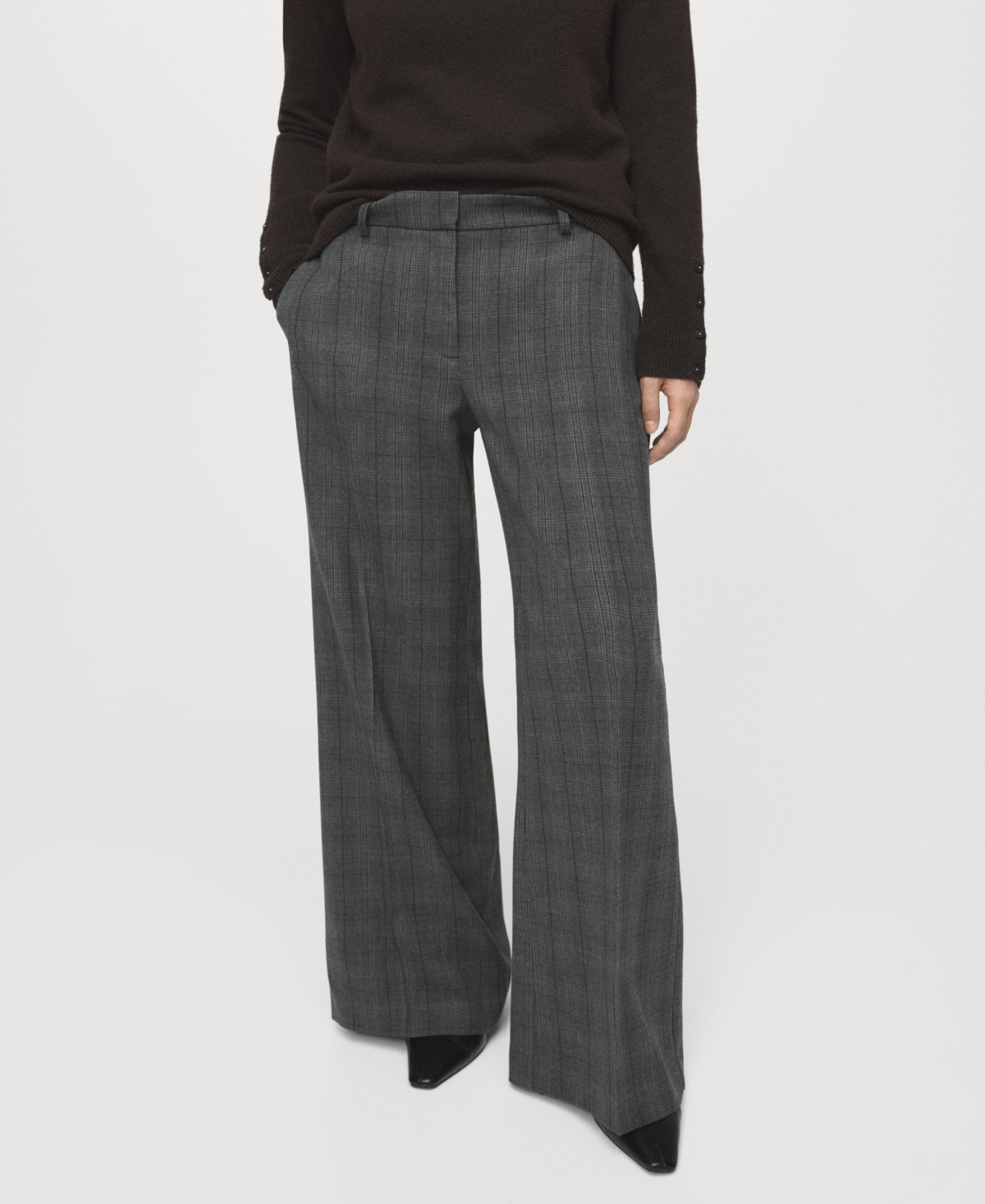 Click here for Mango Womens Wide Leg Check Suit Trousers - Gray prices