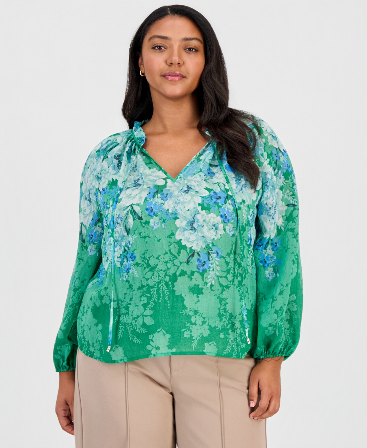 Click here for Tahari Asl Plus Size Long-Sleeve Floral Bow Blouse... prices