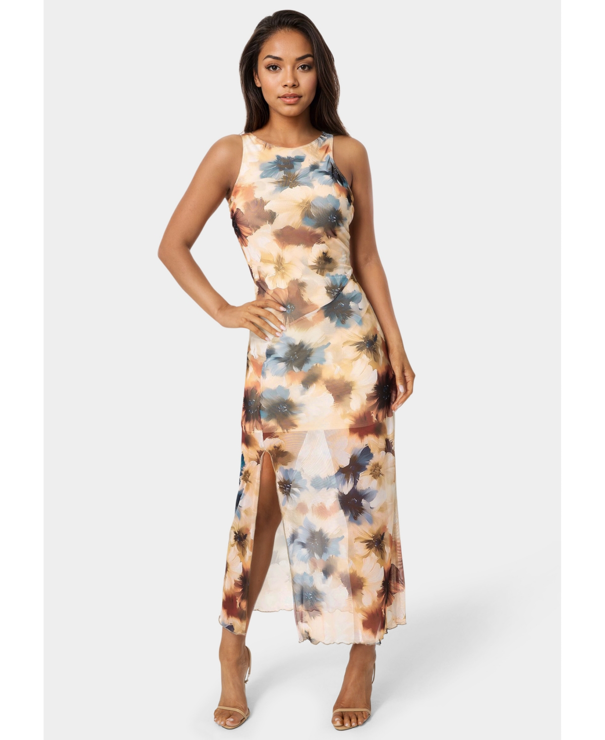 Click here for Bebe Womens Printed Powermesh Side Shirred Maxi Dr... prices