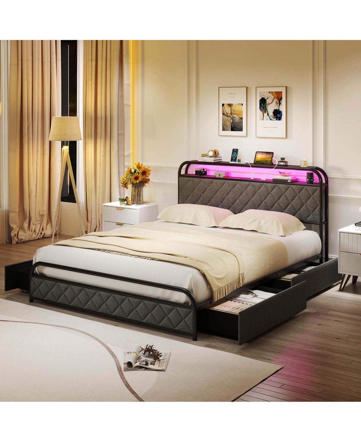 Click here for Queen Size Bed Frame with Led Lights & Charging St... prices