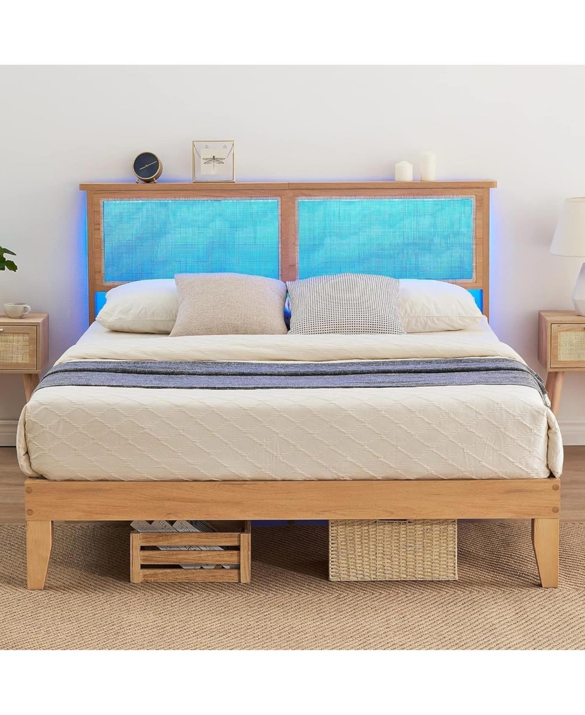 Click here for gaomon Rattan Bed Frame Wood Headboard Led Lights... prices